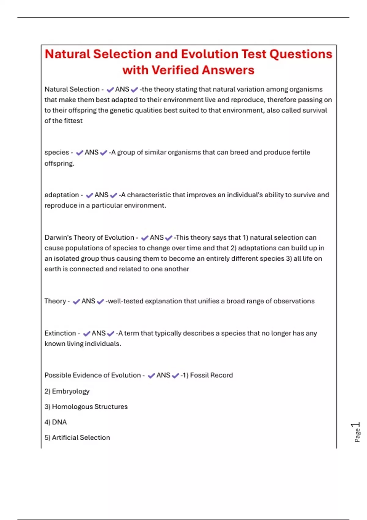 Natural Selection and Evolution Test Questions with Verified Answers ...