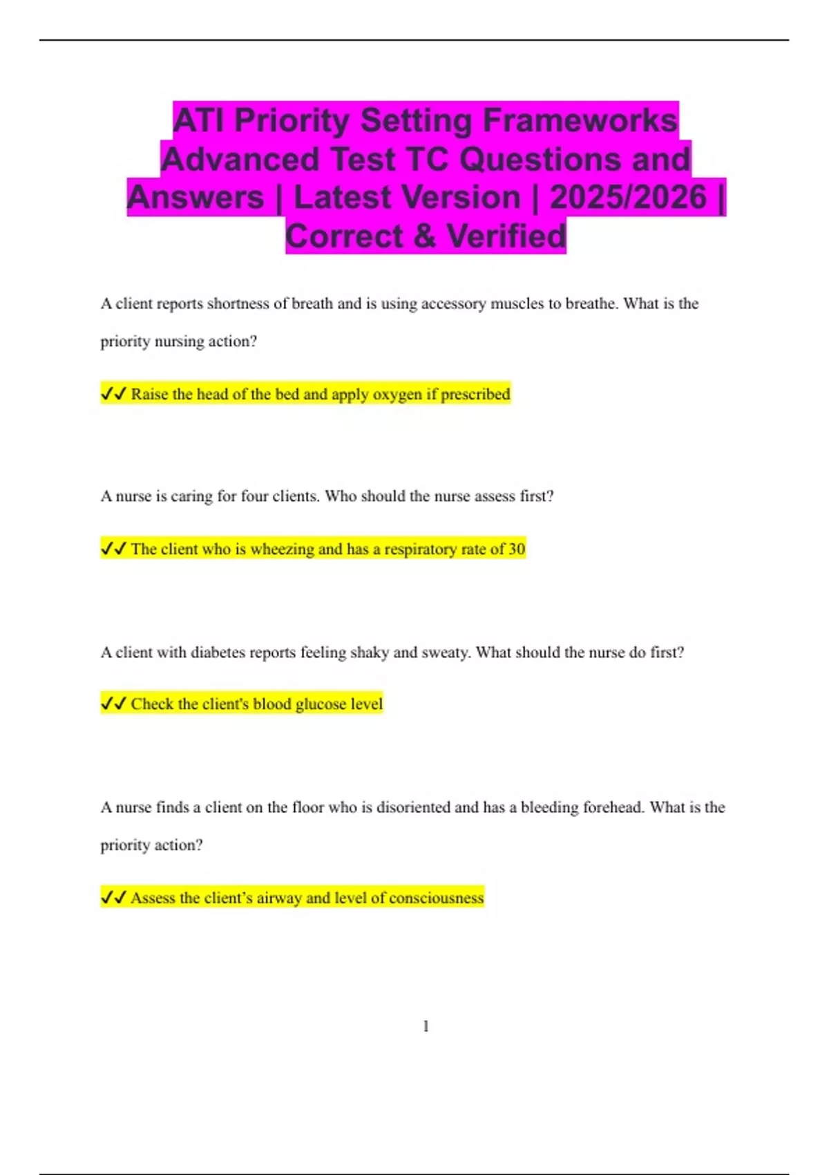 ATI Priority Setting Frameworks Advanced Test TC Questions and Answers ...