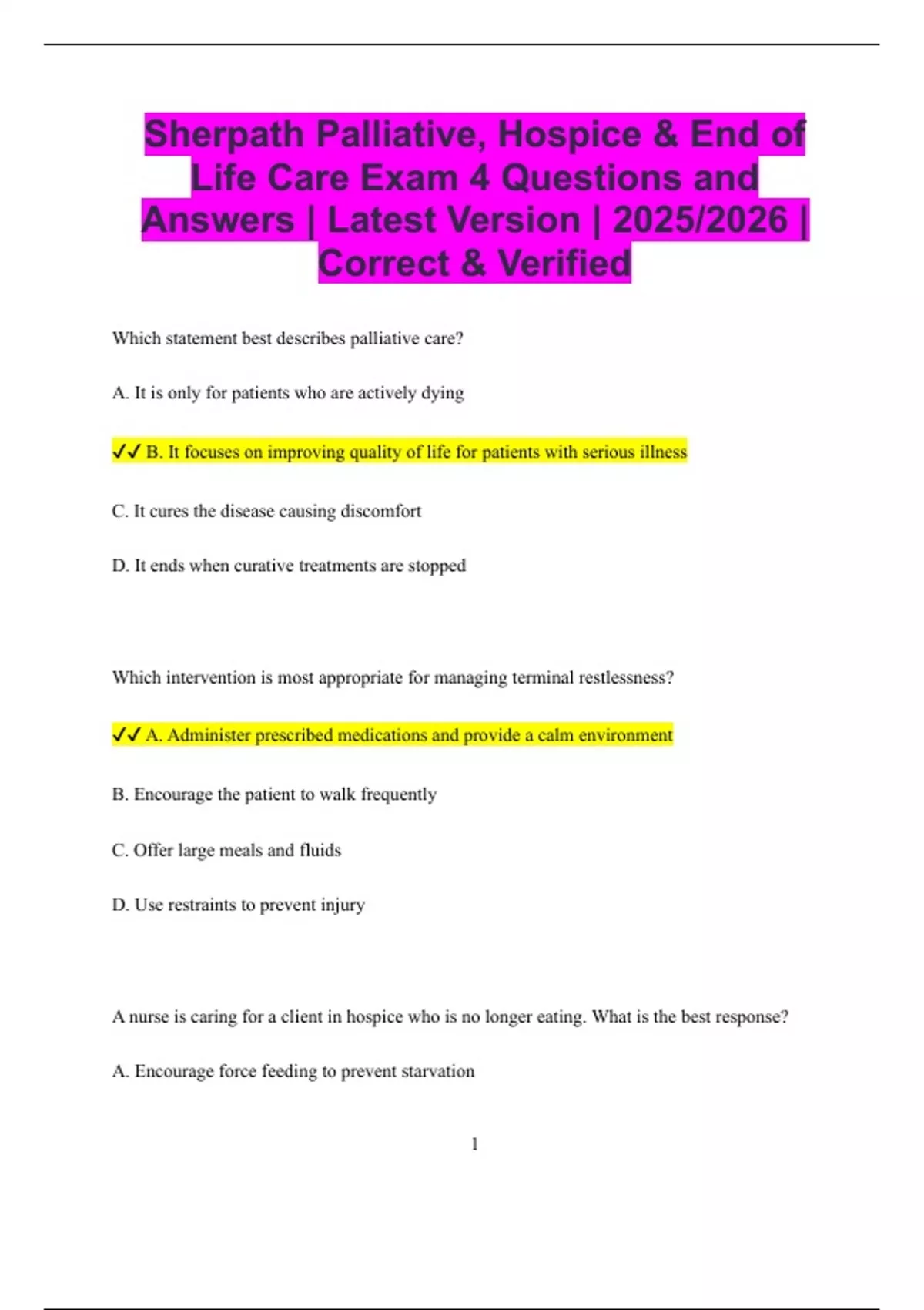 Sherpath Palliative, Hospice & End of Life Care Exam 4 Questions and ...