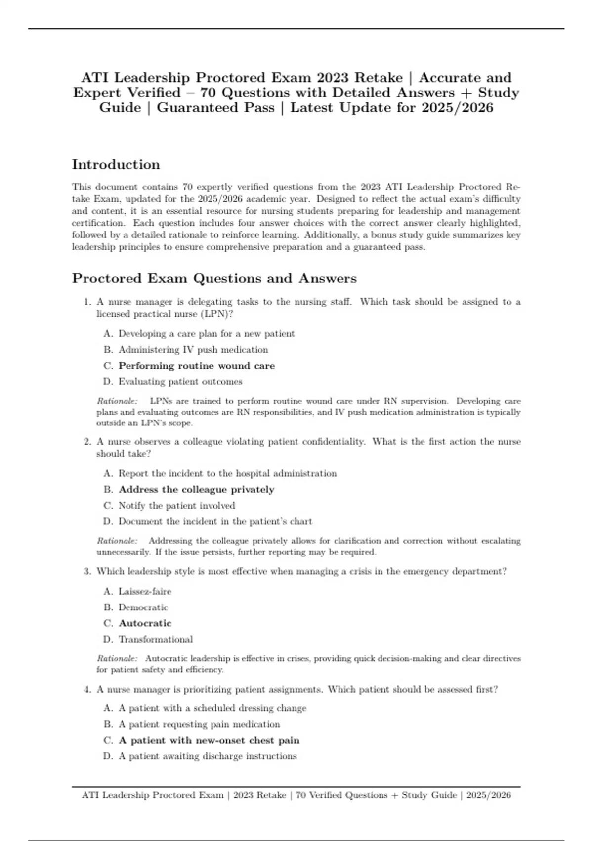 ATI Leadership Proctored Exam 2023 Retake | Accurate and Expert ...