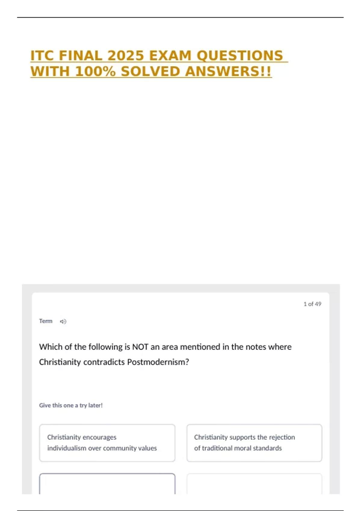 ITC FINAL 2025 EXAM QUESTIONS WITH 100% SOLVED ANSWERS!! - ITC - Stuvia US