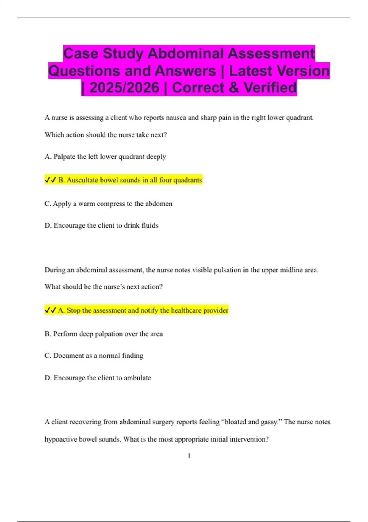 Case Study Abdominal Assessment Questions and Answers | Latest Version ...