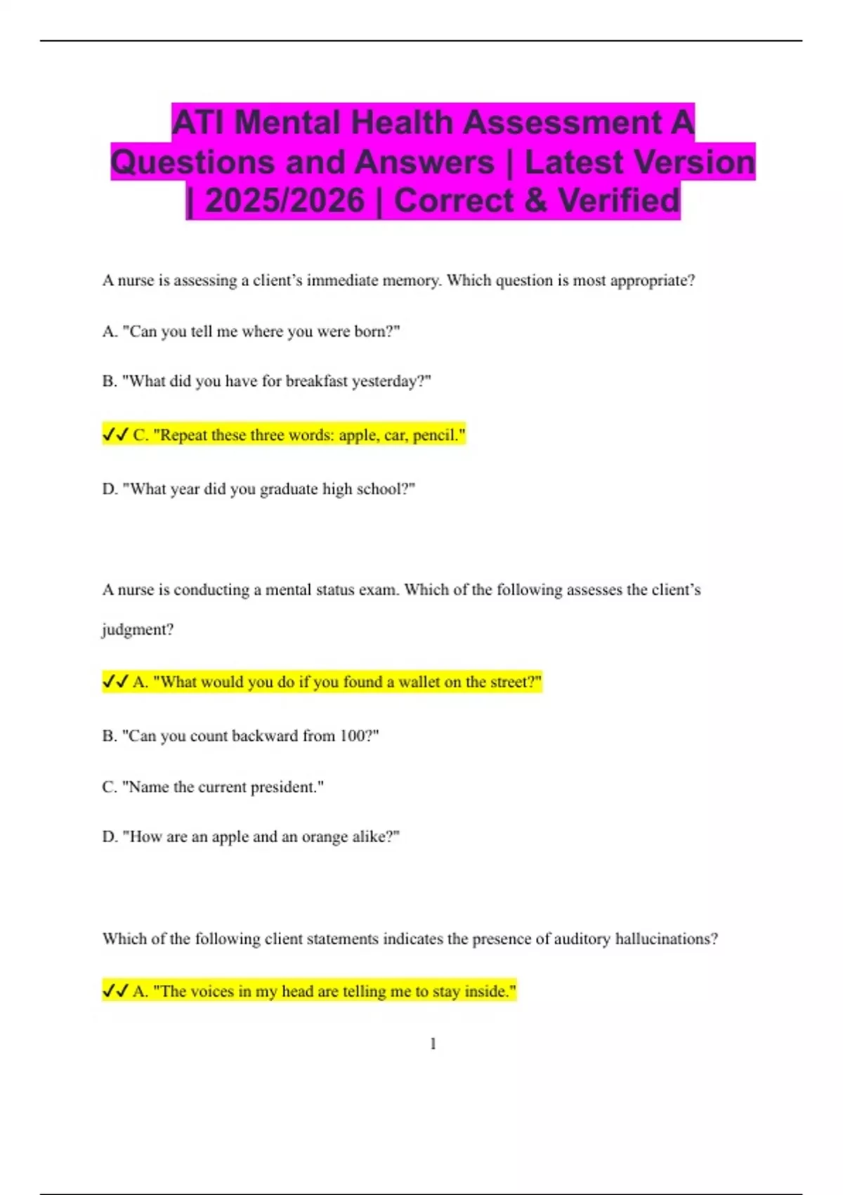 ATI Mental Health Assessment A Questions and Answers | Latest Version ...