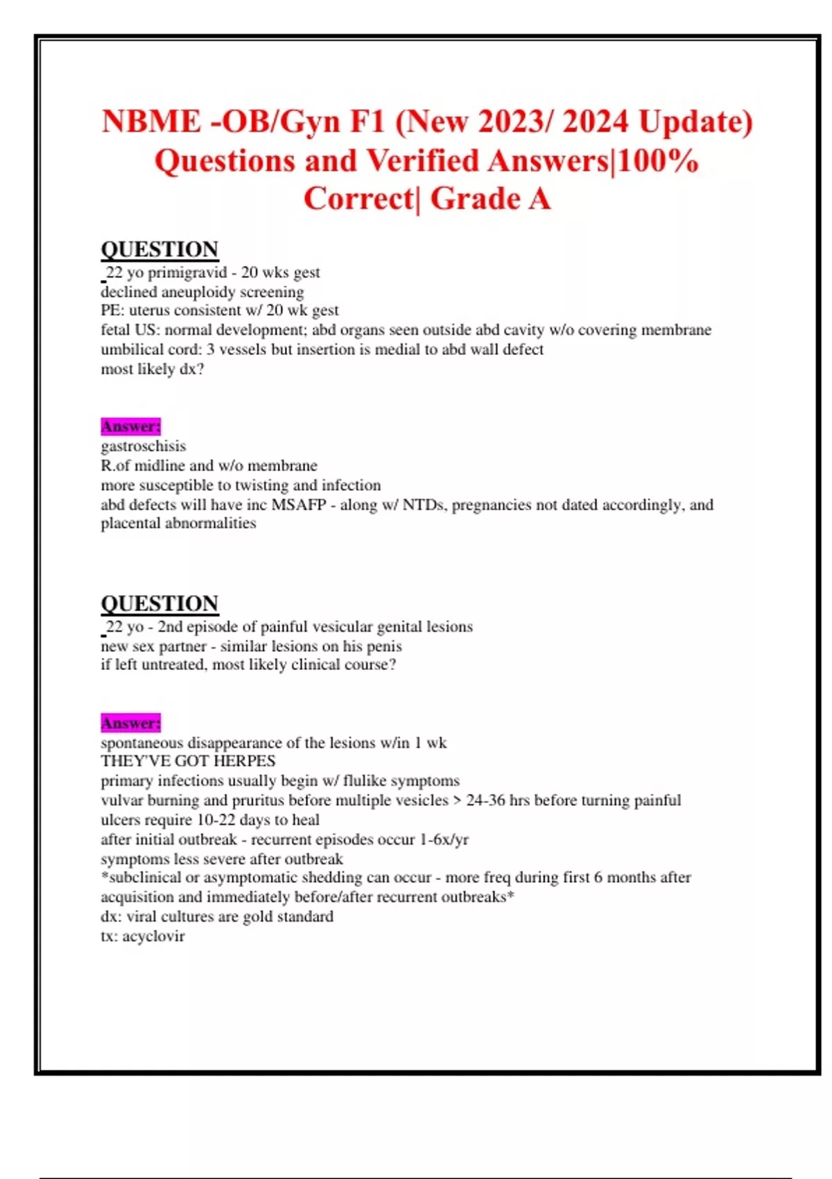 NBME -OB/Gyn F1 (New 2023/ 2024 Update) Questions and Verified Answers|100% Correct| Grade A ...