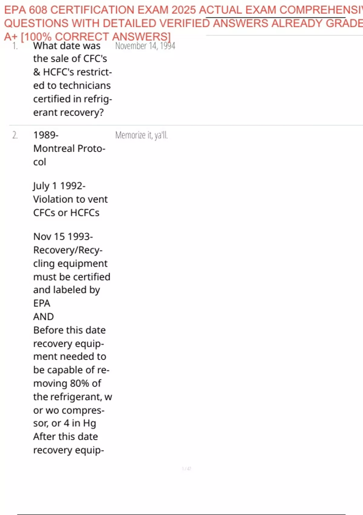 EPA 608 CERTIFICATION EXAM 2025 ACTUAL EXAM COMPREHENSIVE QUESTIONS WITH DETAILED VERIFIED ...