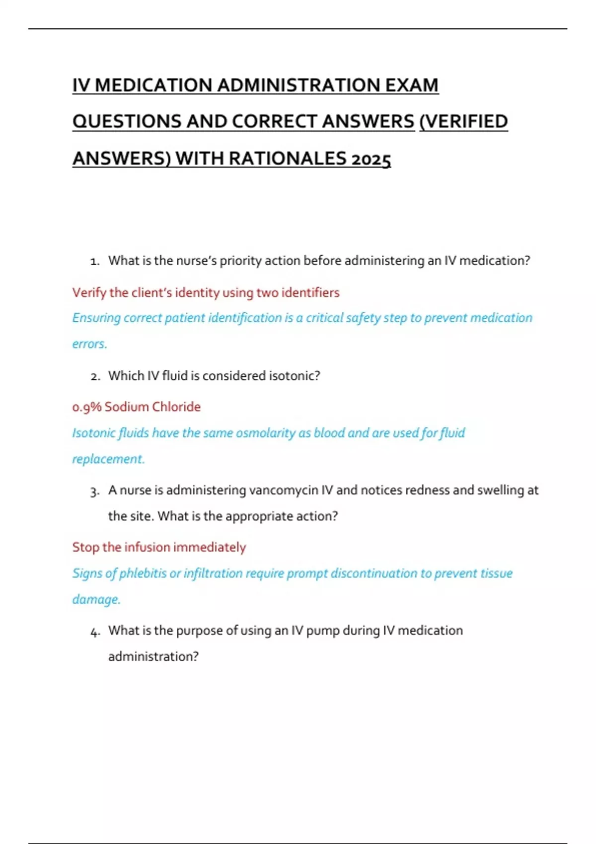 IV MEDICATION ADMINISTRATION EXAM QUESTIONS AND CORRECT ANSWERS (VERIFIED ANSWERS) WITH ...