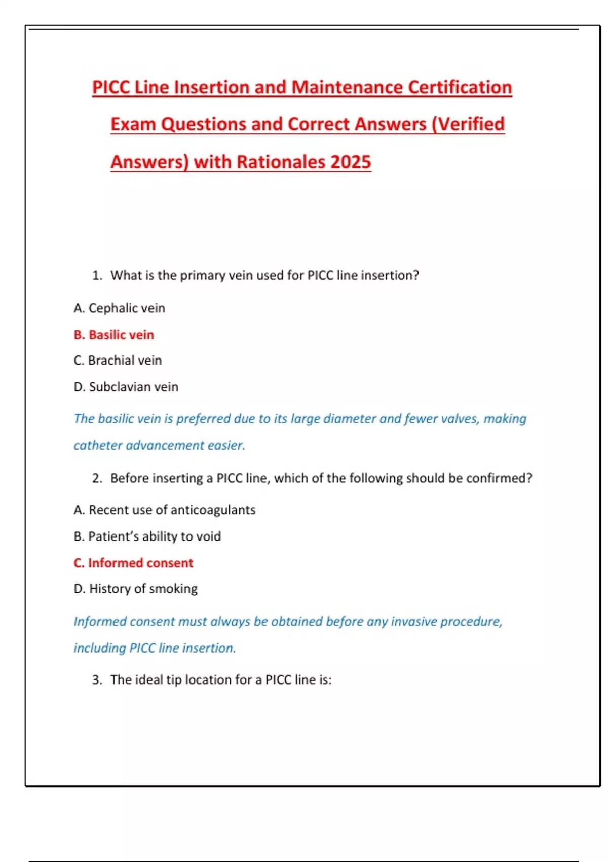 PICC Line Insertion and Maintenance Certification Exam Questions and Correct Answers (Verified ...