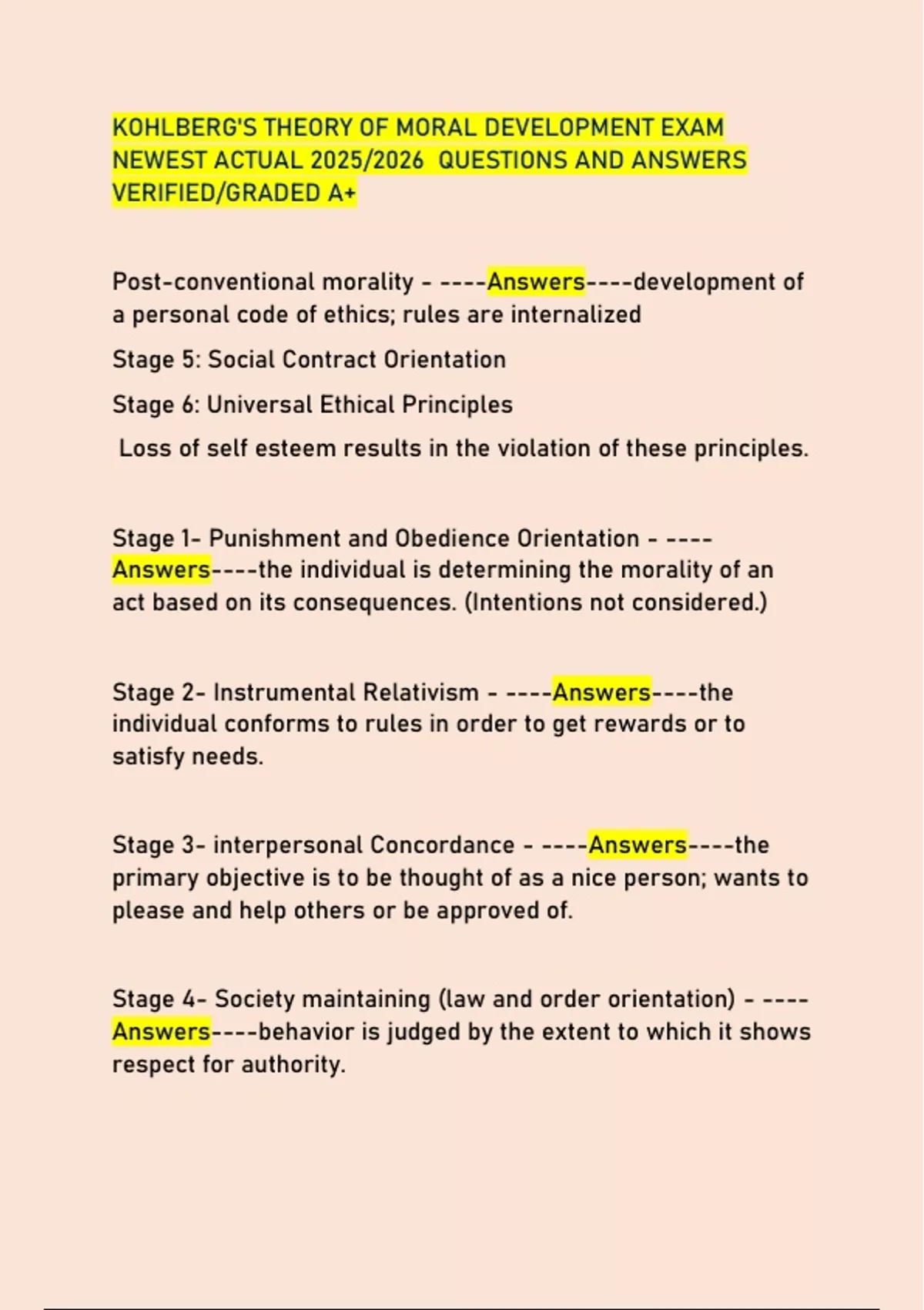 KOHLBERG'S THEORY OF MORAL DEVELOPMENT EXAM NEWEST ACTUAL 2025/2026 ...