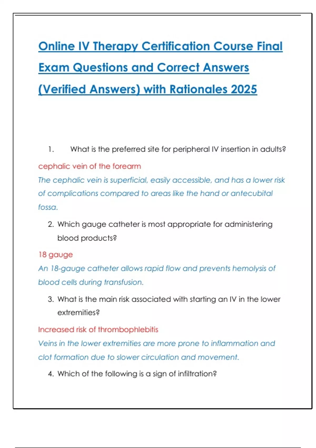 Online IV Therapy Certification Course Final Exam Questions and Correct ...