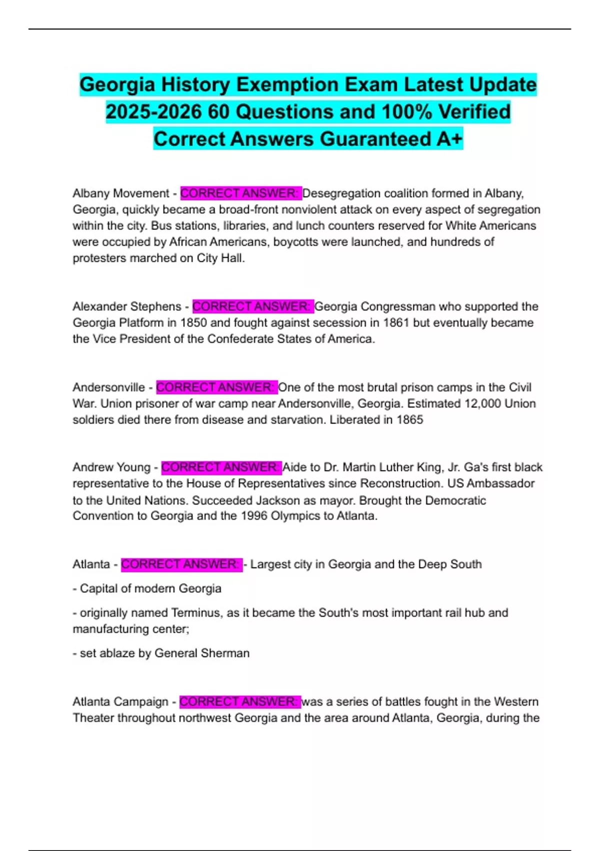Georgia History Exemption Exam Latest Update Questions and 100% ...