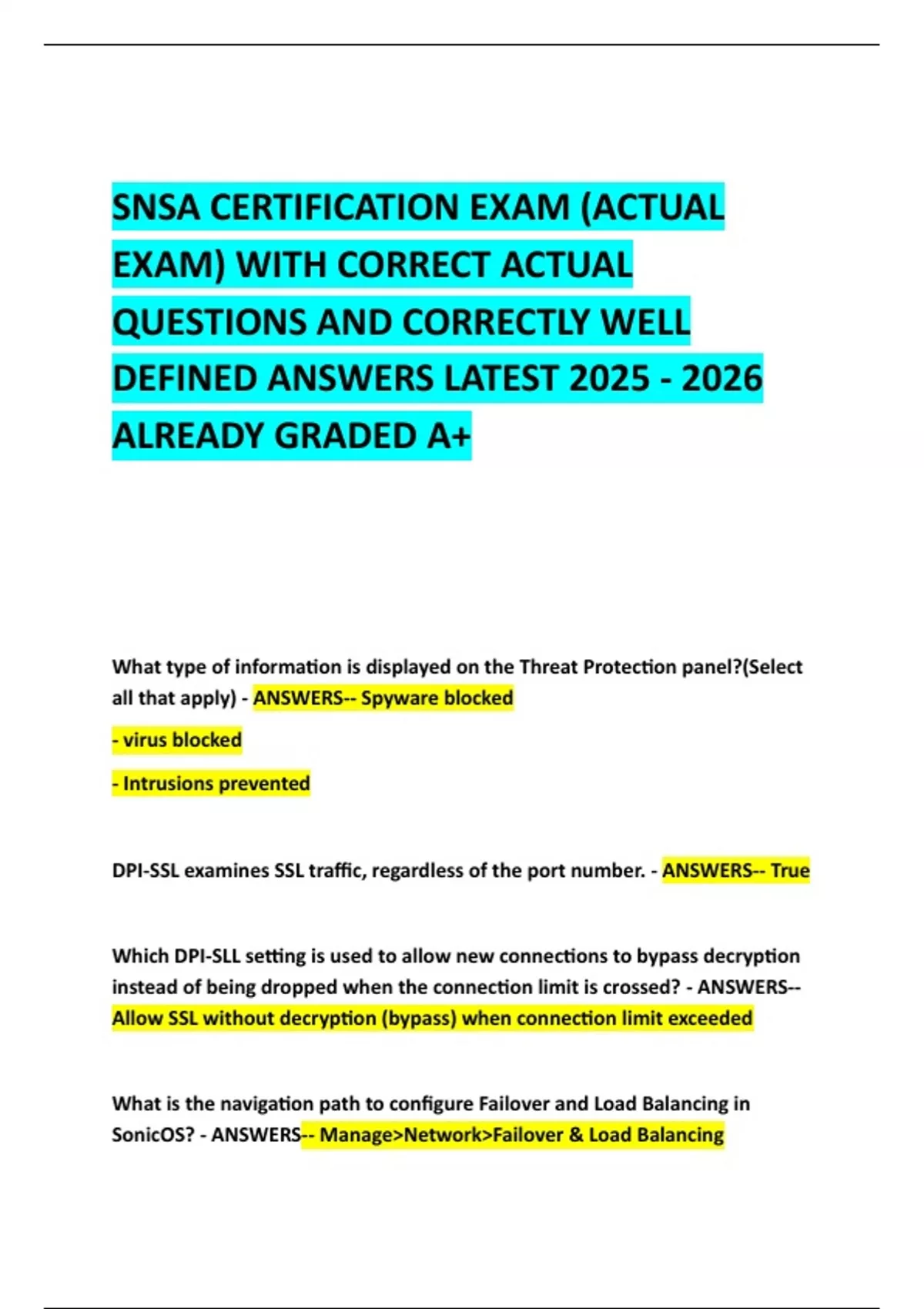 SNSA CERTIFICATION EXAM (ACTUAL EXAM) WITH CORRECT ACTUAL QUESTIONS AND ...
