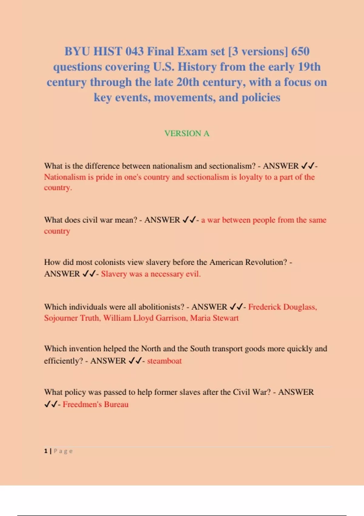 BYU HIST 043 Final Exam set [3 versions] 650 questions covering U.S ...