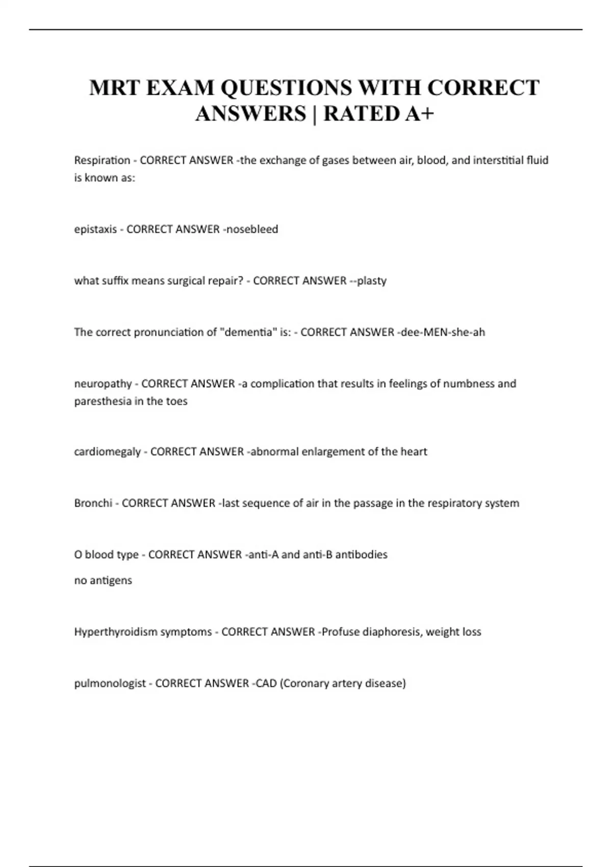 MRT EXAM QUESTIONS WITH CORRECT ANSWERS | RATED A+ - Mrt - Stuvia US