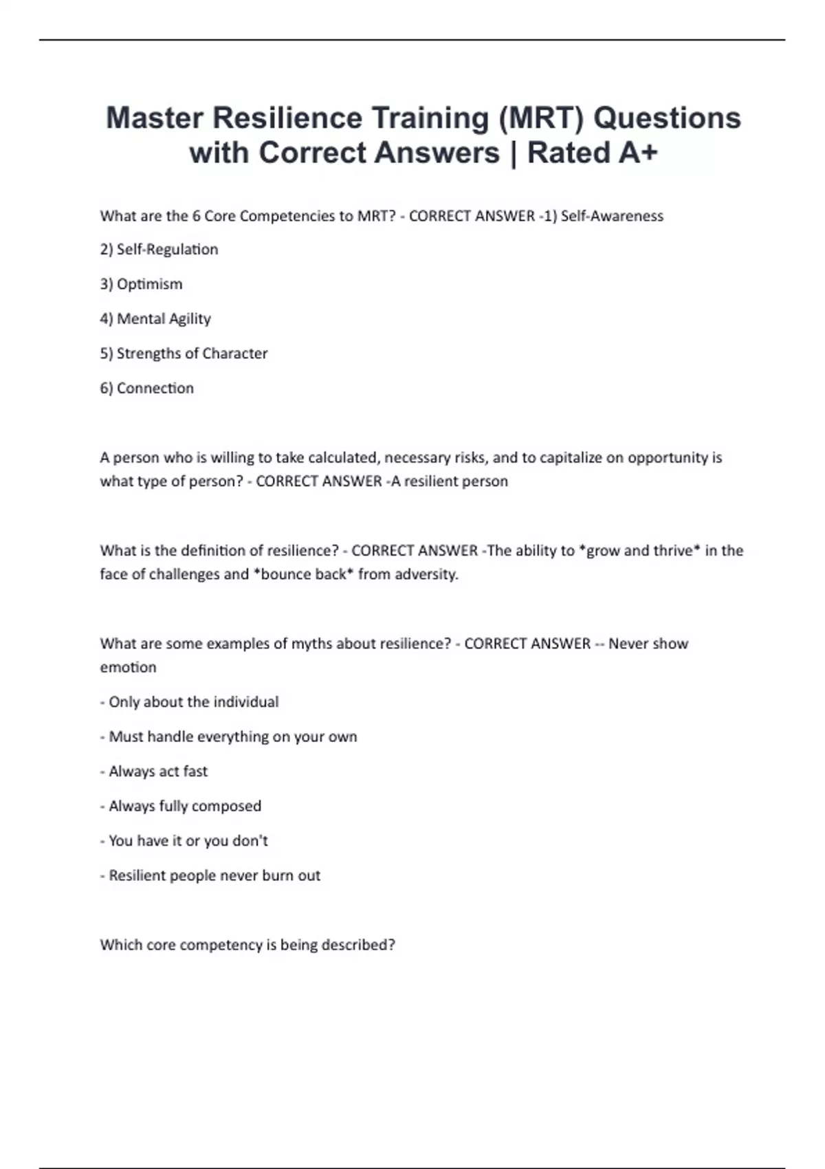 Master Resilience Training (MRT) Questions with Correct Answers |Rated ...