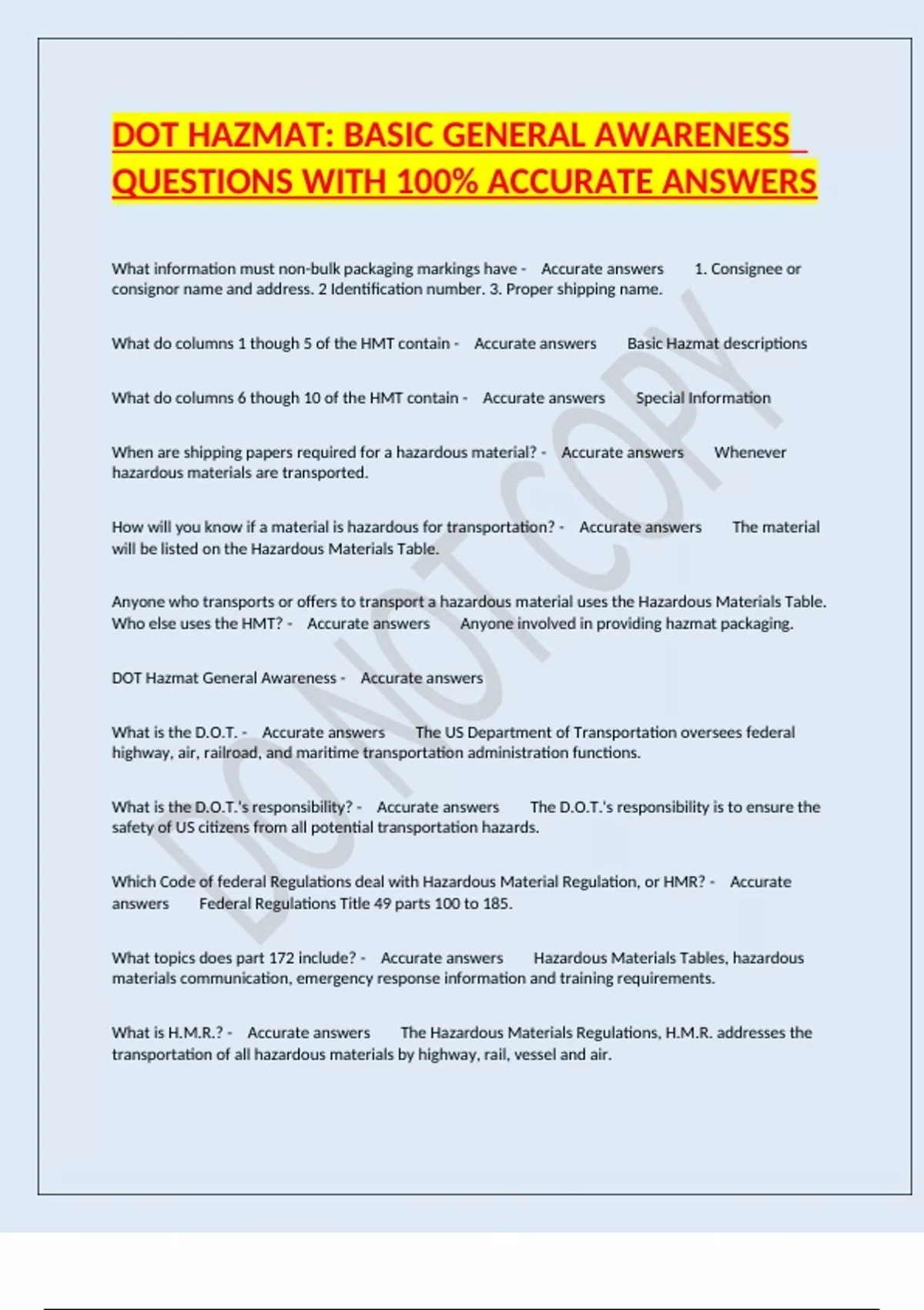 DOT HAZMAT: Basic General Awareness – U.S. Department of Transportation ...