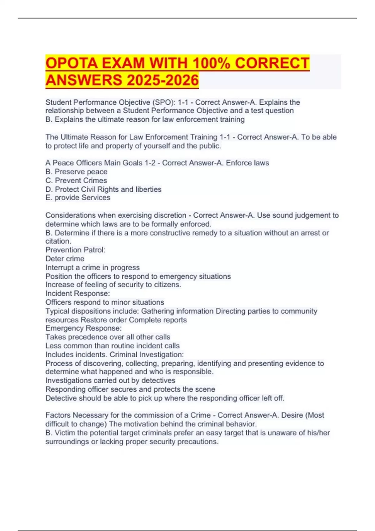 OPOTA Final Exam (SPOs) with 100% Correct Answers 2025 - Opota - Stuvia US