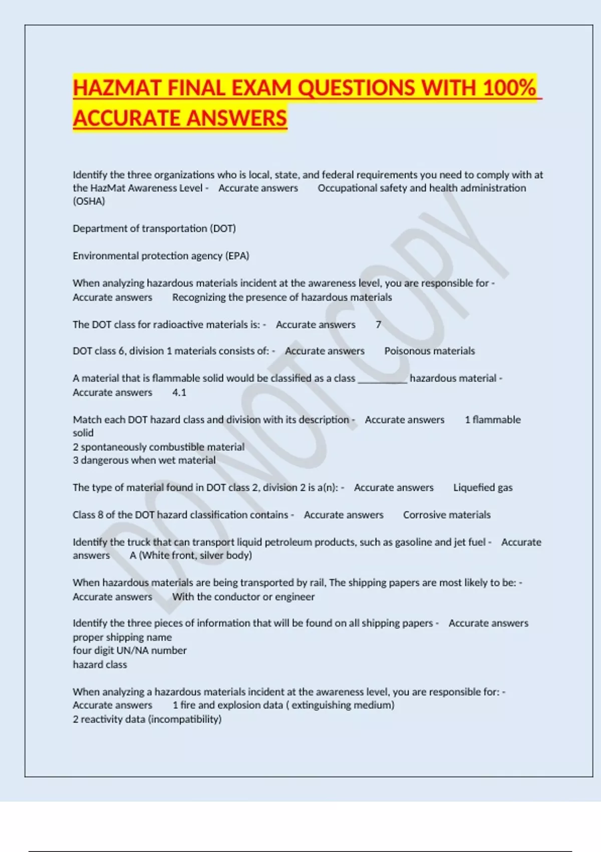 HAZMAT Final Exam – U.S. Department of Transportation – 2024/2025 ...