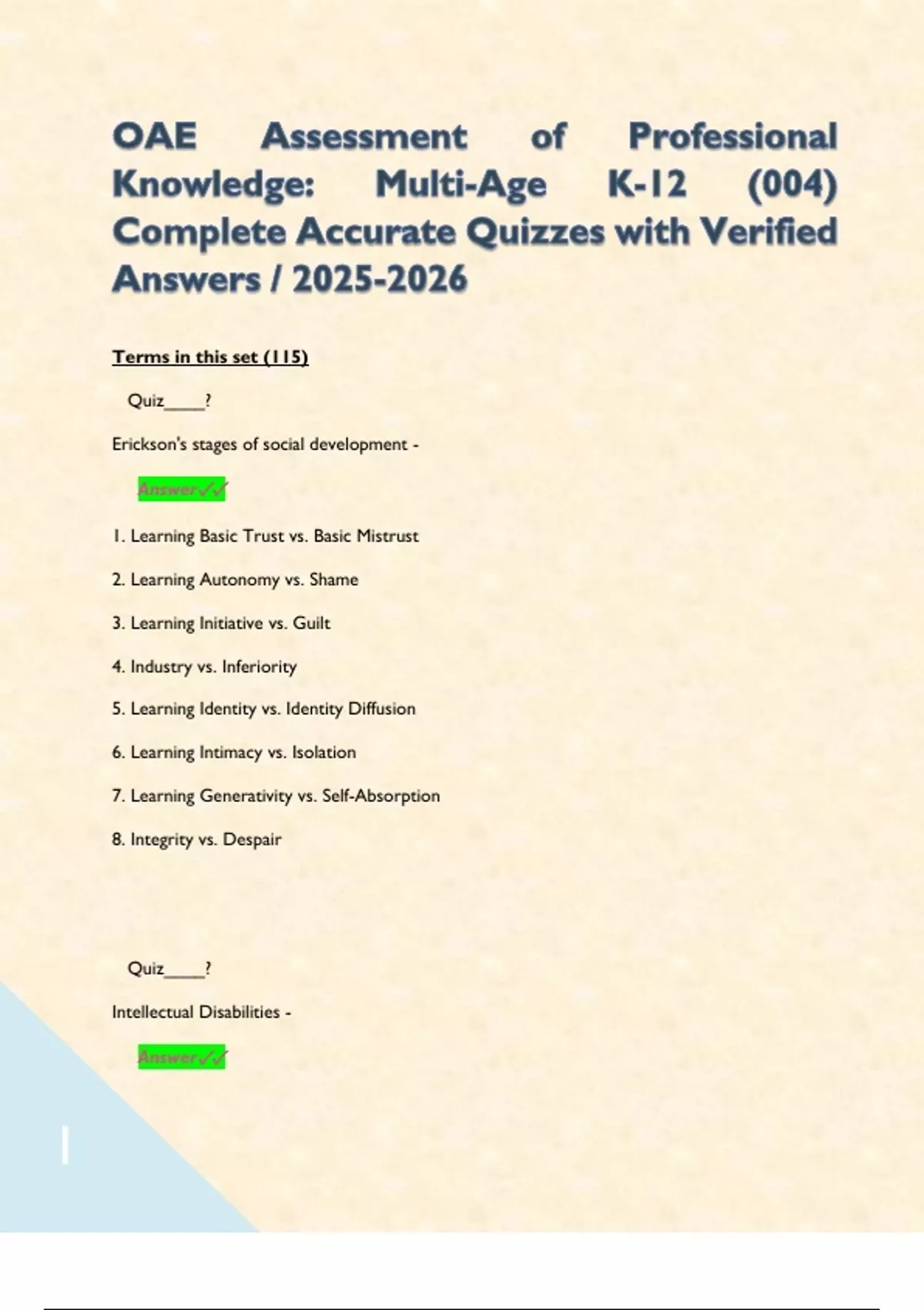OAE Assessment of Professional Knowledge: Multi-Age K-12 (004) Complete Accurate Quizzes with ...