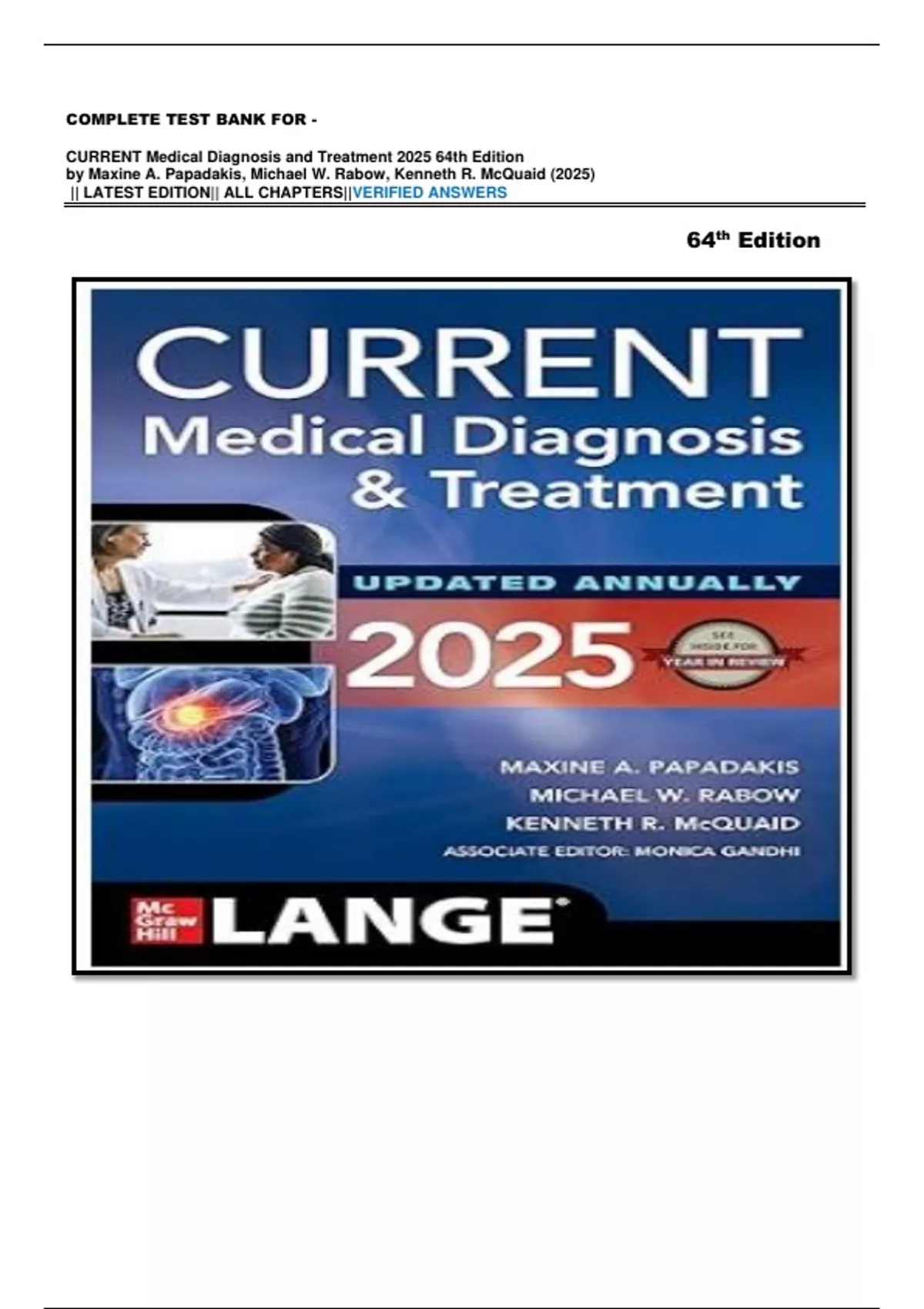COMPLETE TEST BANK FOR - CURRENT Medical Diagnosis and Treatment 2025 ...