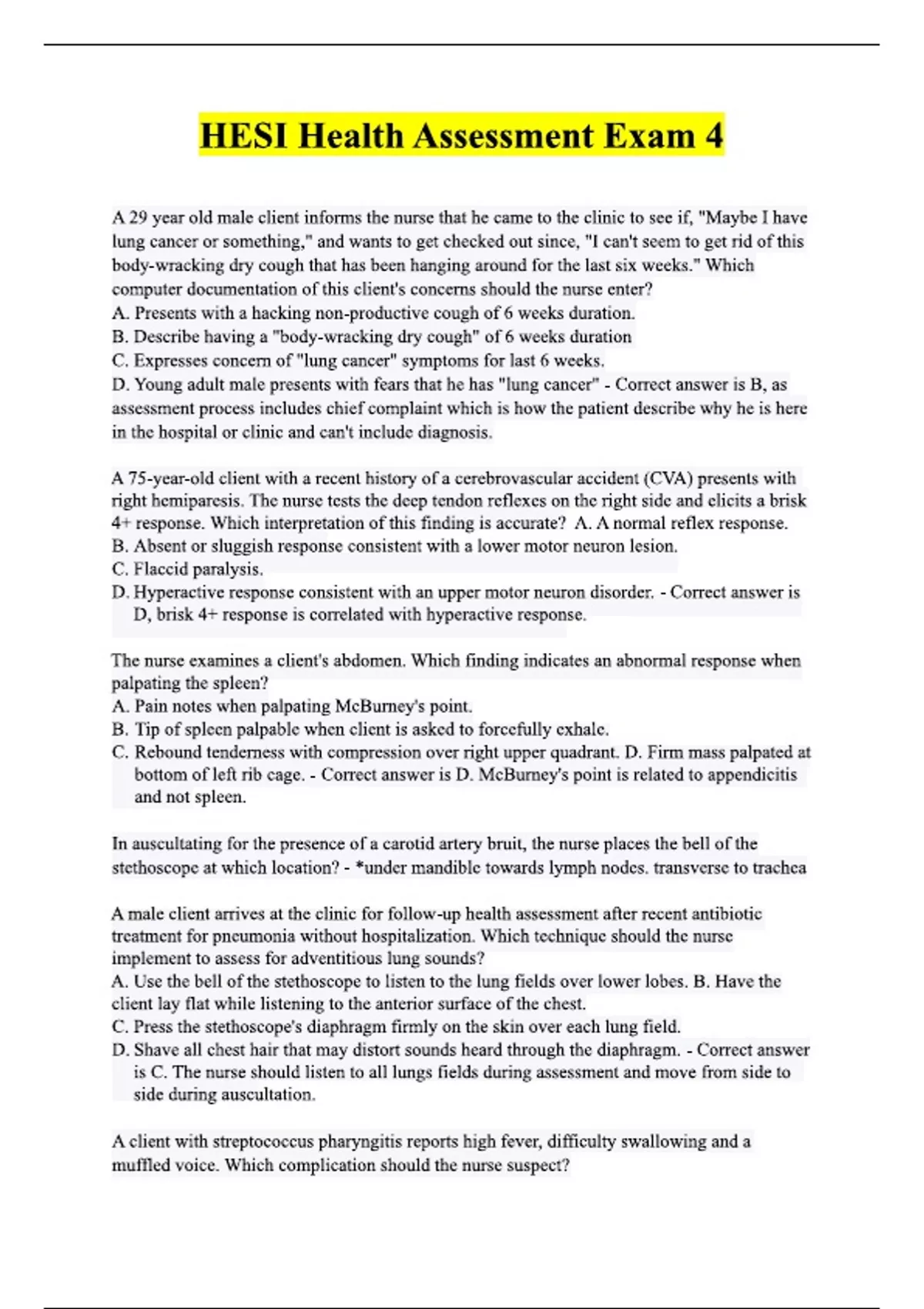 HESI Health Assessment Exam 4 questions and answers 2025/2026 latest ...