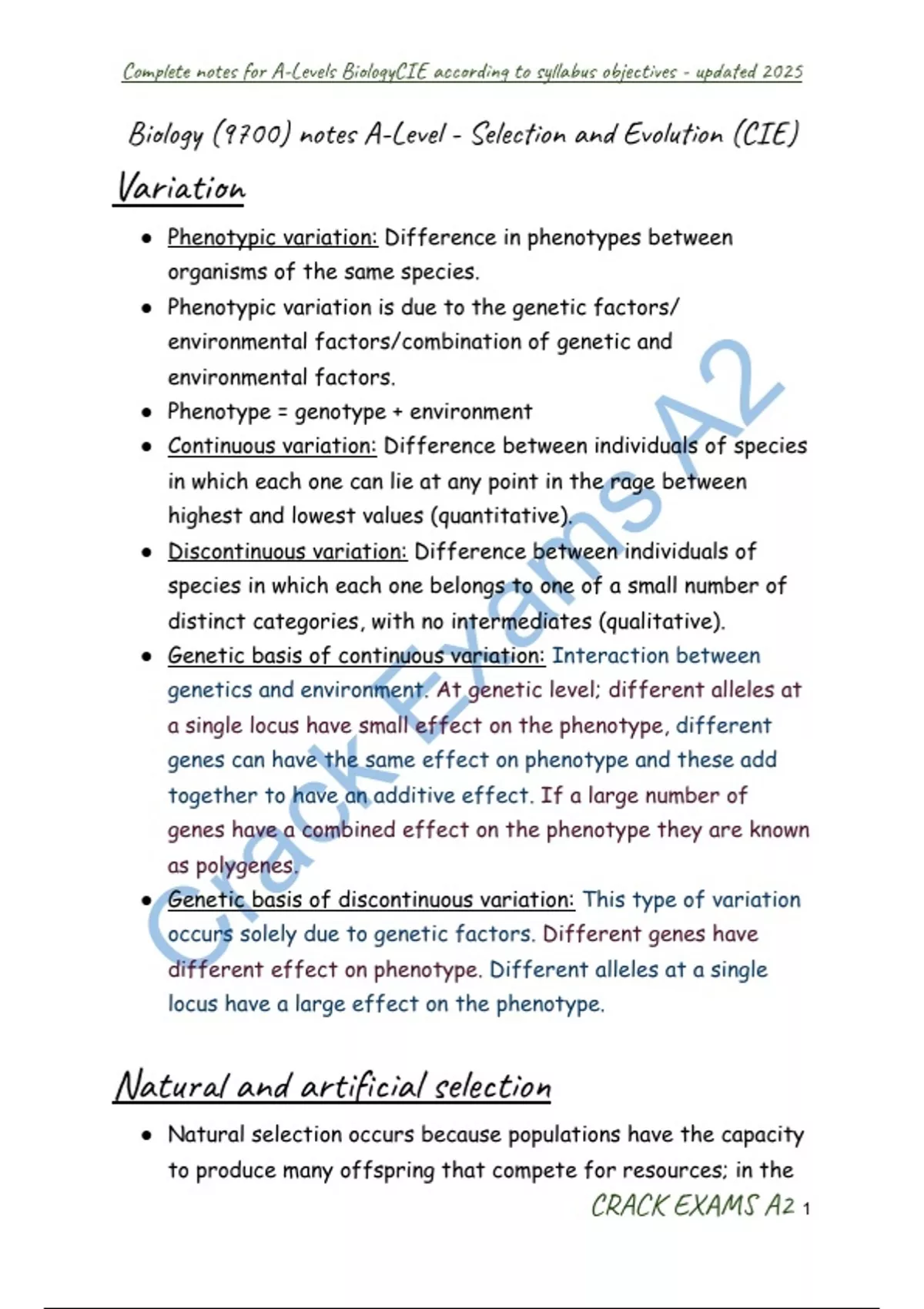 Biology (9700) A-Level complete notes on Selection and Evolution ...