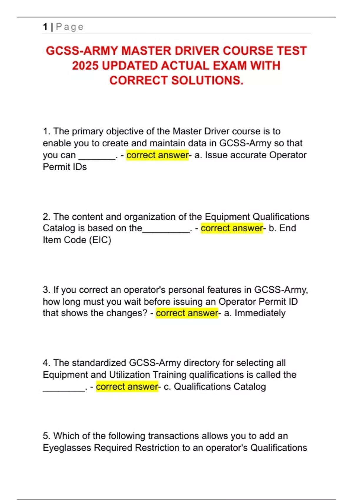 GCSS-ARMY MASTER DRIVER COURSE TEST 2025 UPDATED ACTUAL EXAM WITH ...