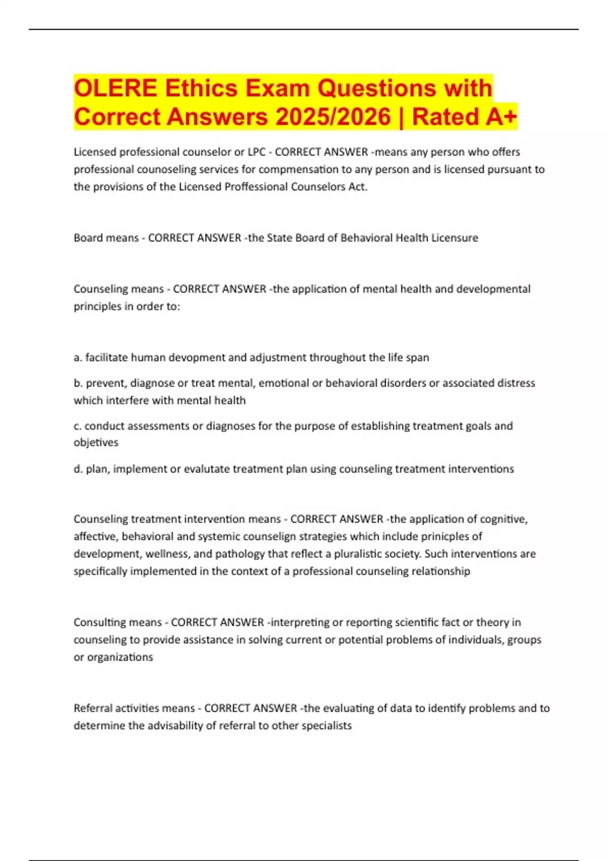 OLERE Exams Questions with Correct Answers 100% Pass| Latest Version ...