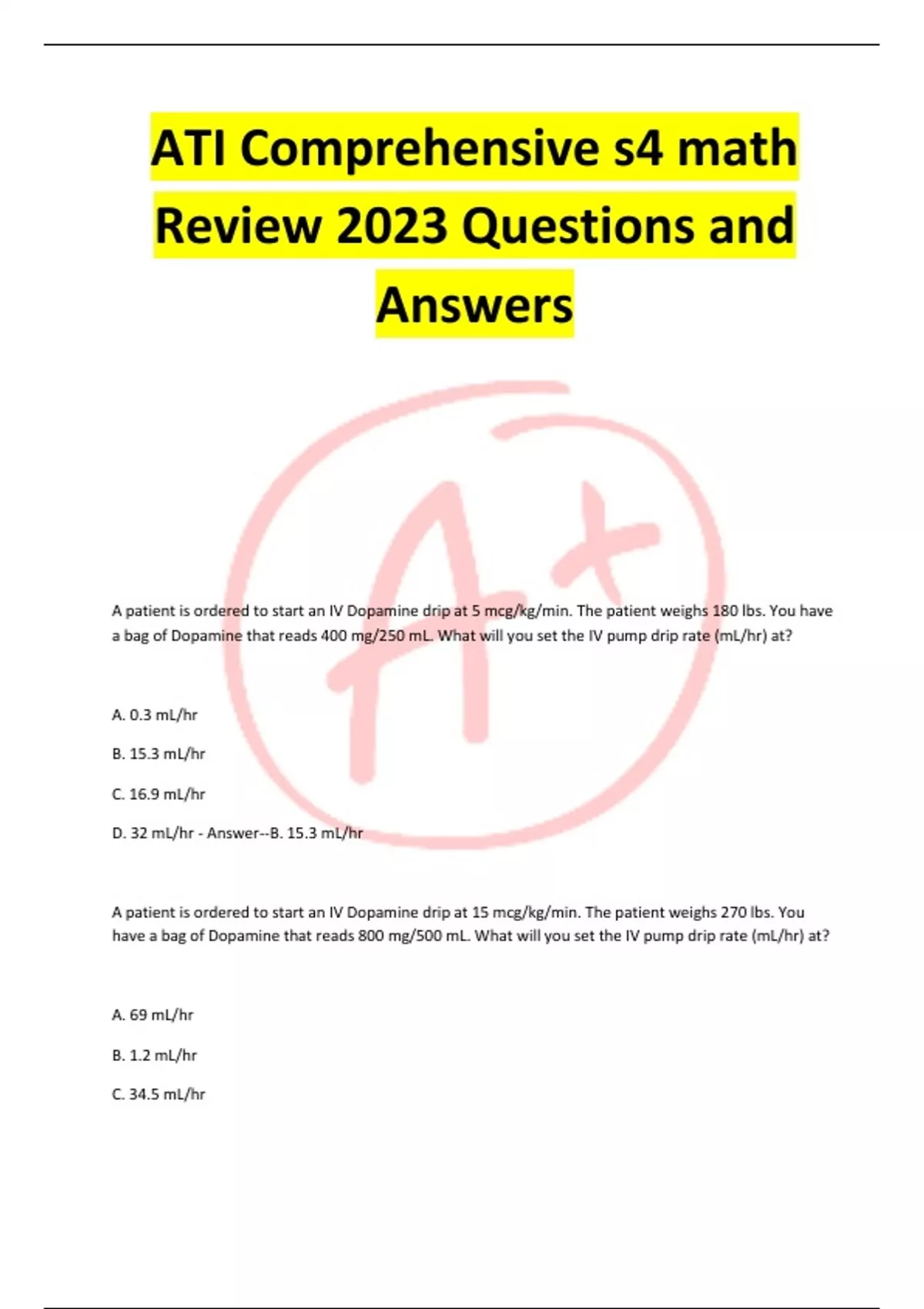 ATI Comprehensive S4 Math Review 2023 – NCLEX Medication Calculations ...