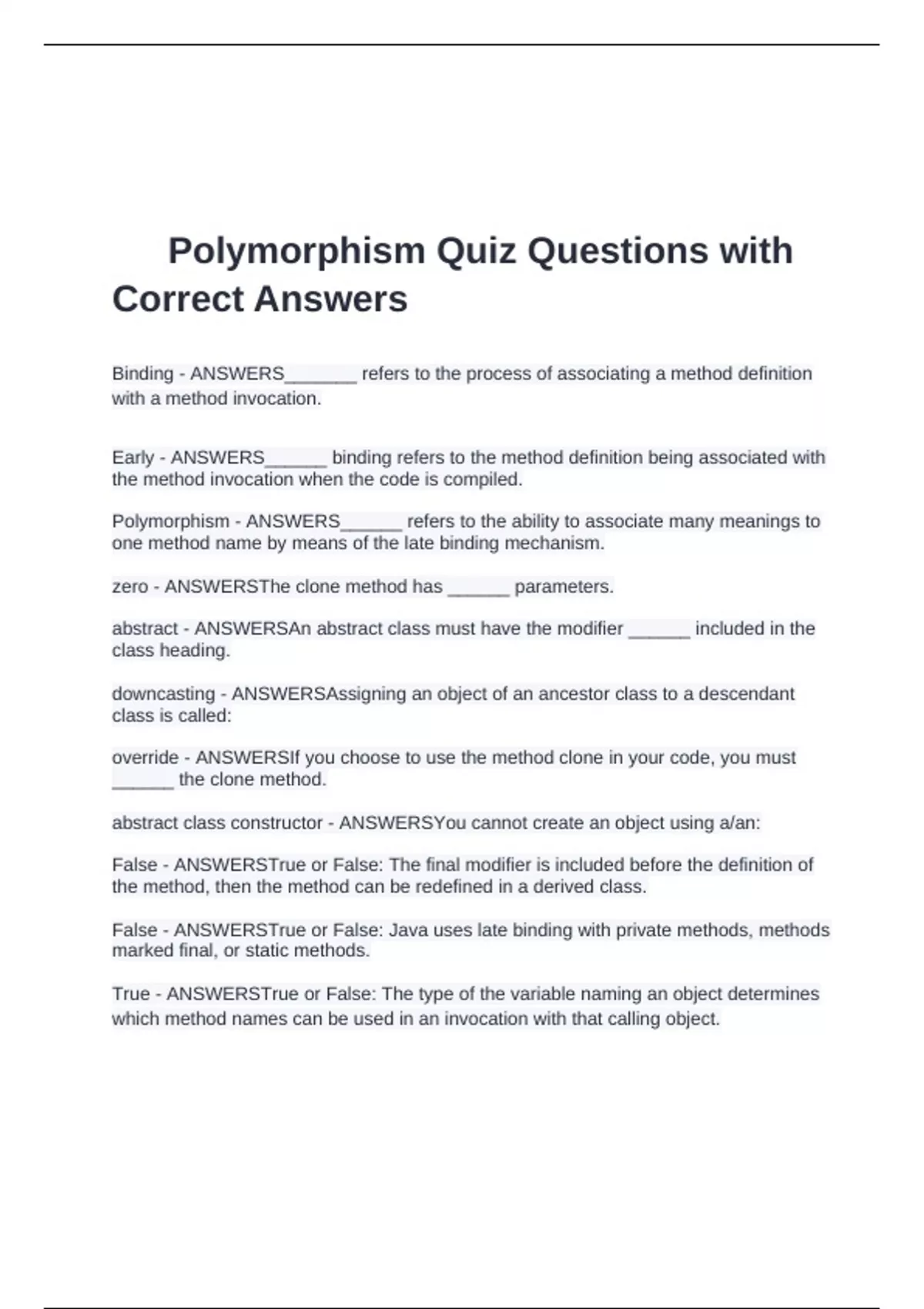 Polymorphism Quiz Questions with Correct Answers - Polymorphism - Stuvia US