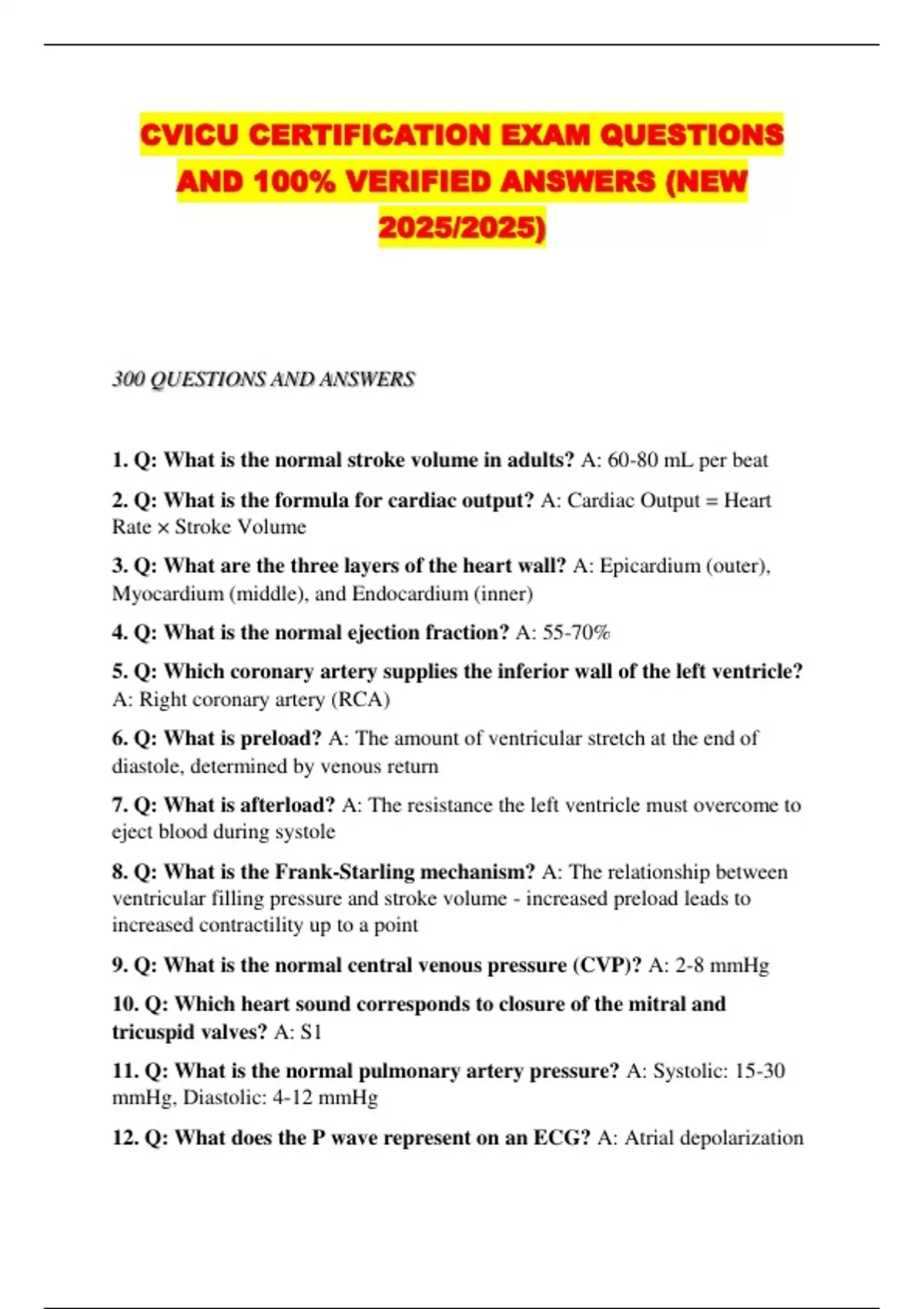 CVICU CERTIFICATION EXAM QUESTIONS AND 100% VERIFIED ANSWERS (NEW 2025/ ...