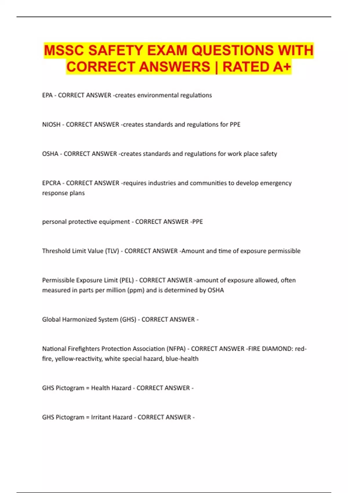 MSSC SAFETY EXAM QUESTIONS WITH CORRECT ANSWERS | RATED A+ - MSSC ...