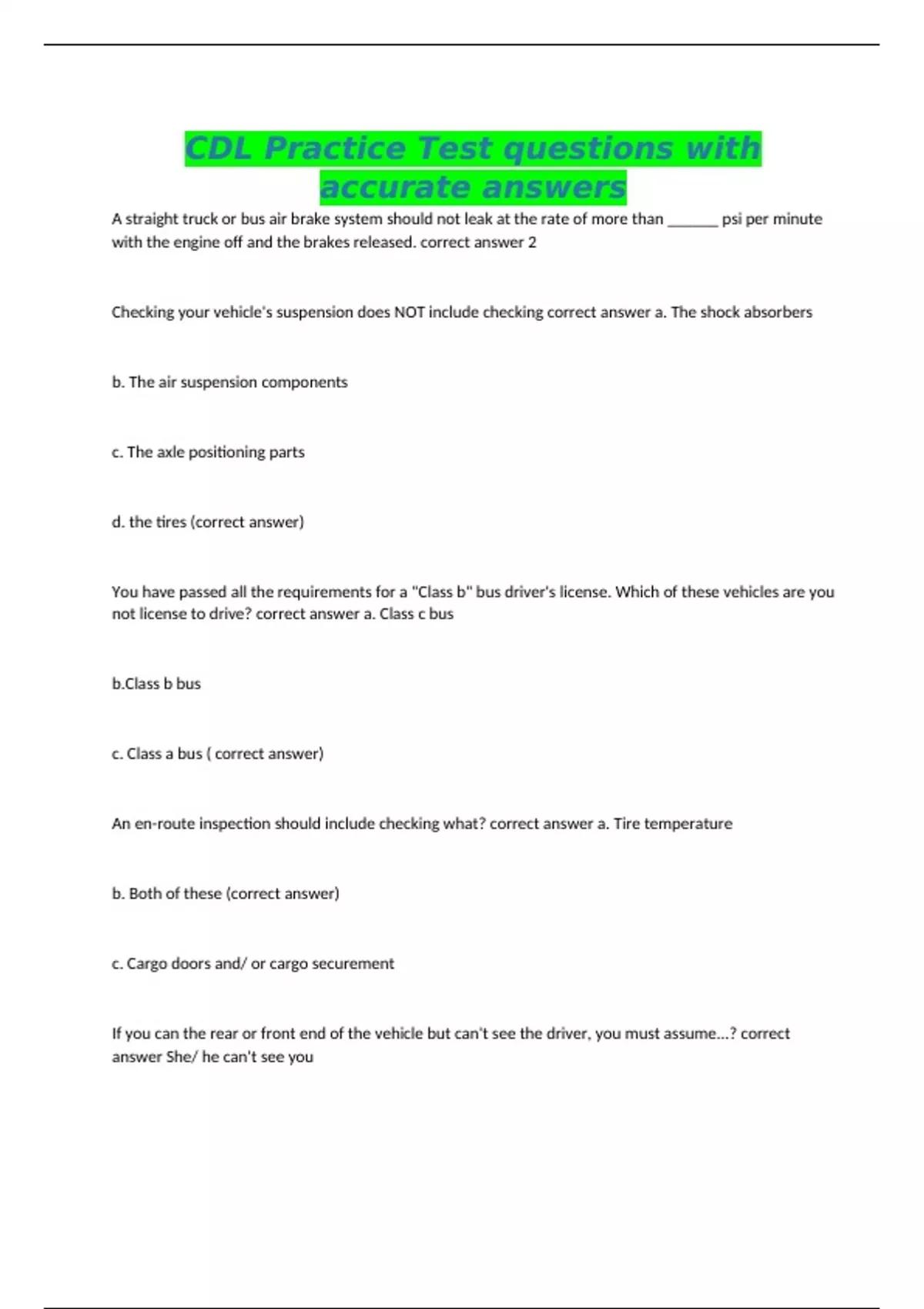 CDL Practice Test questions with accurate answers - Cdl - Stuvia US