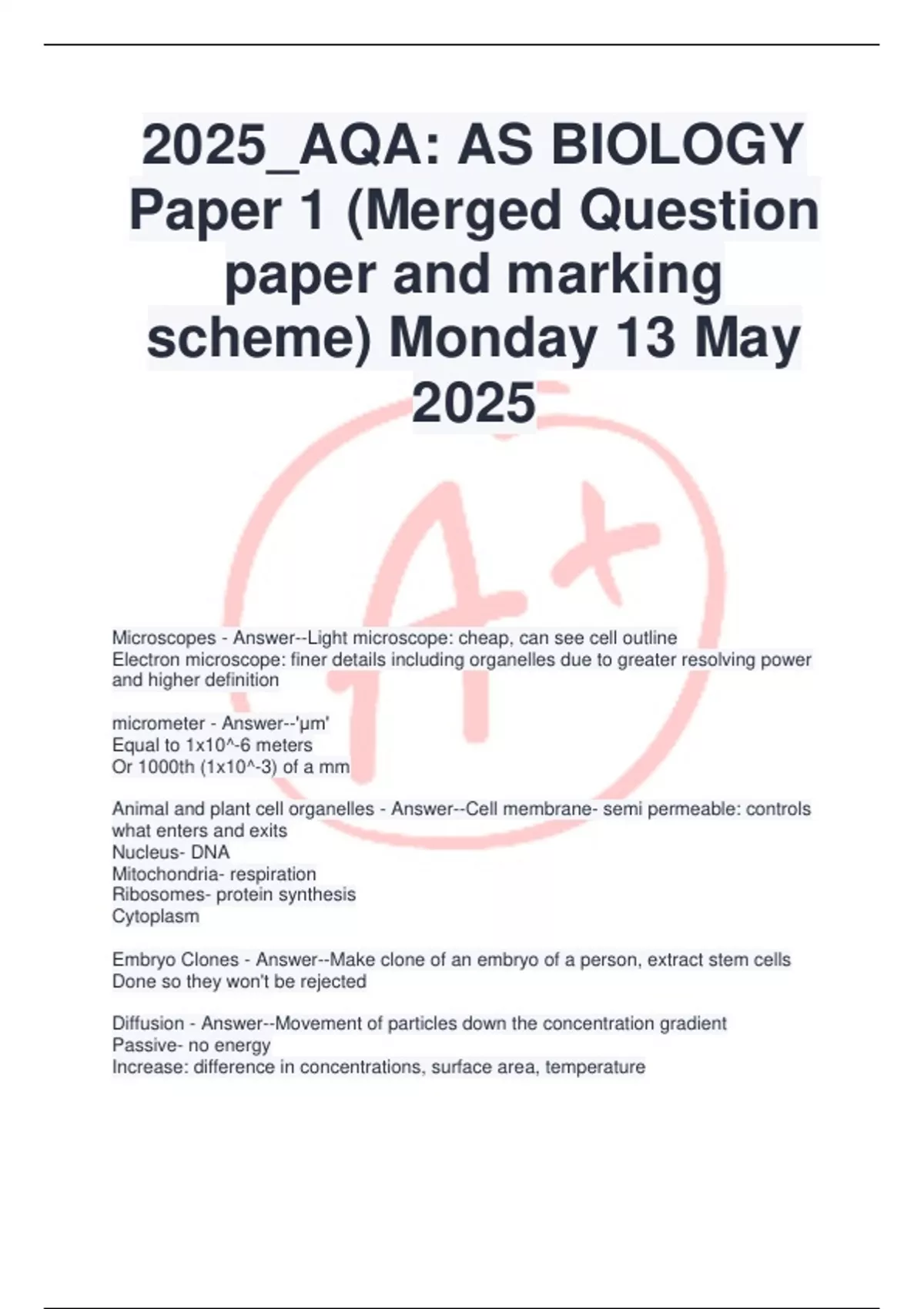 AQA AS Biology Paper 1 (Merged Question Paper & Mark Scheme) – May 2025 ...