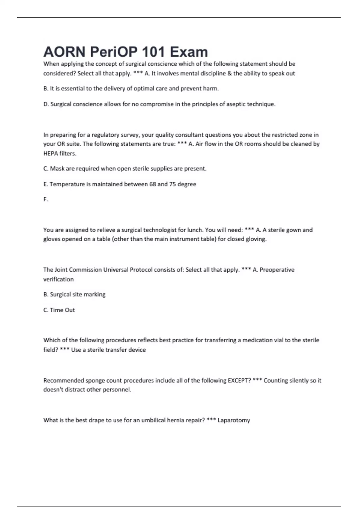 AORN PeriOP 101 Exam 2025. 158 Questions And Verified Answers - AORN PeriOP 101 - Stuvia US