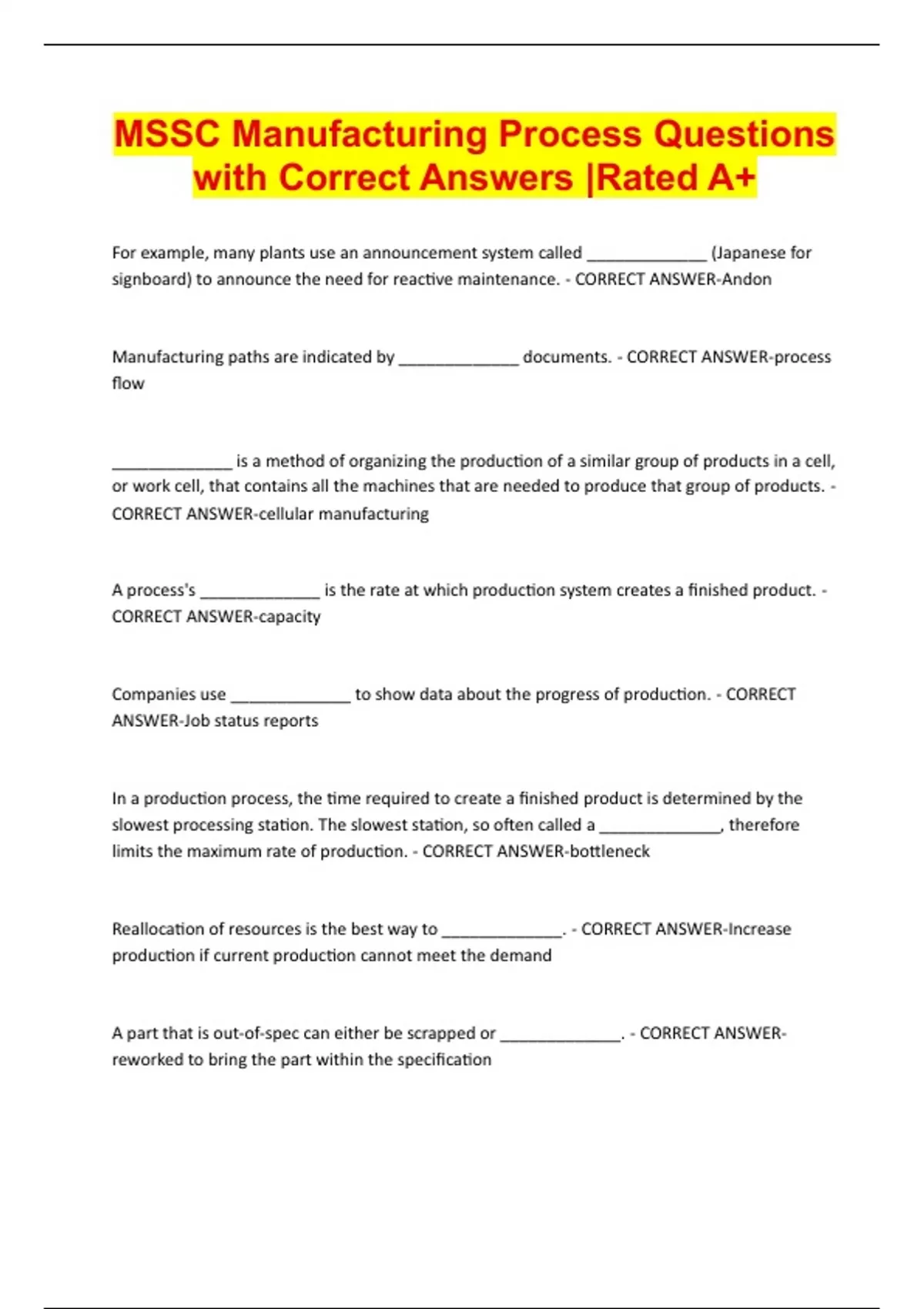 MSSC Manufacturing Process Questions with Correct Answers | Rated A+ - MSSC Safety - Stuvia US