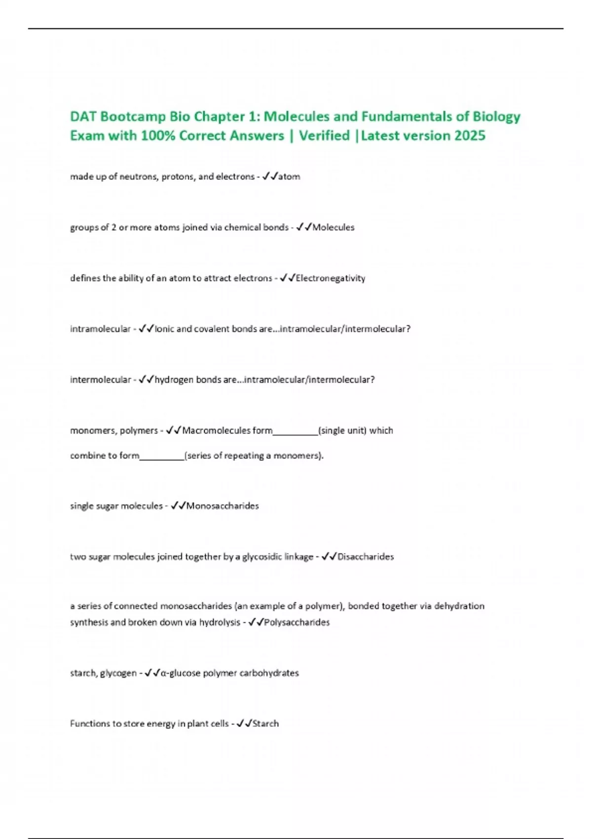 DAT Bootcamp Bio Chapter 1: Molecules and Fundamentals of Biology Exam with 100% Correct Answers ...