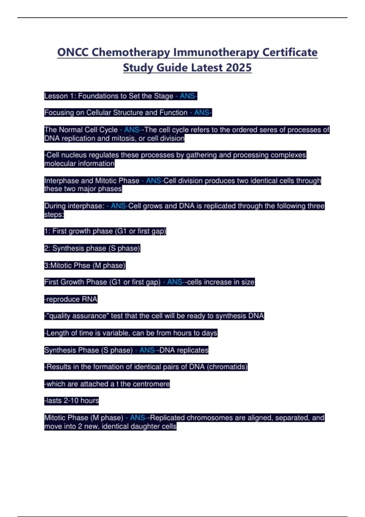 ONCC Chemotherapy Immunotherapy Certificate Study Guide Latest 2025 ...