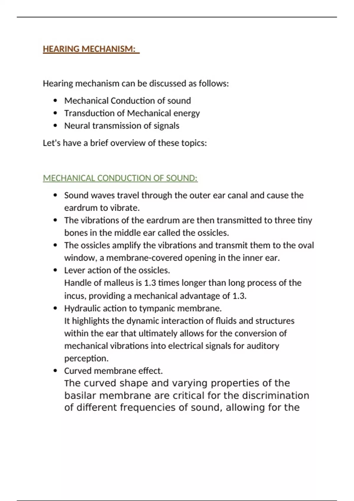 Summary Hearing mechanism - Anatomy - Stuvia US