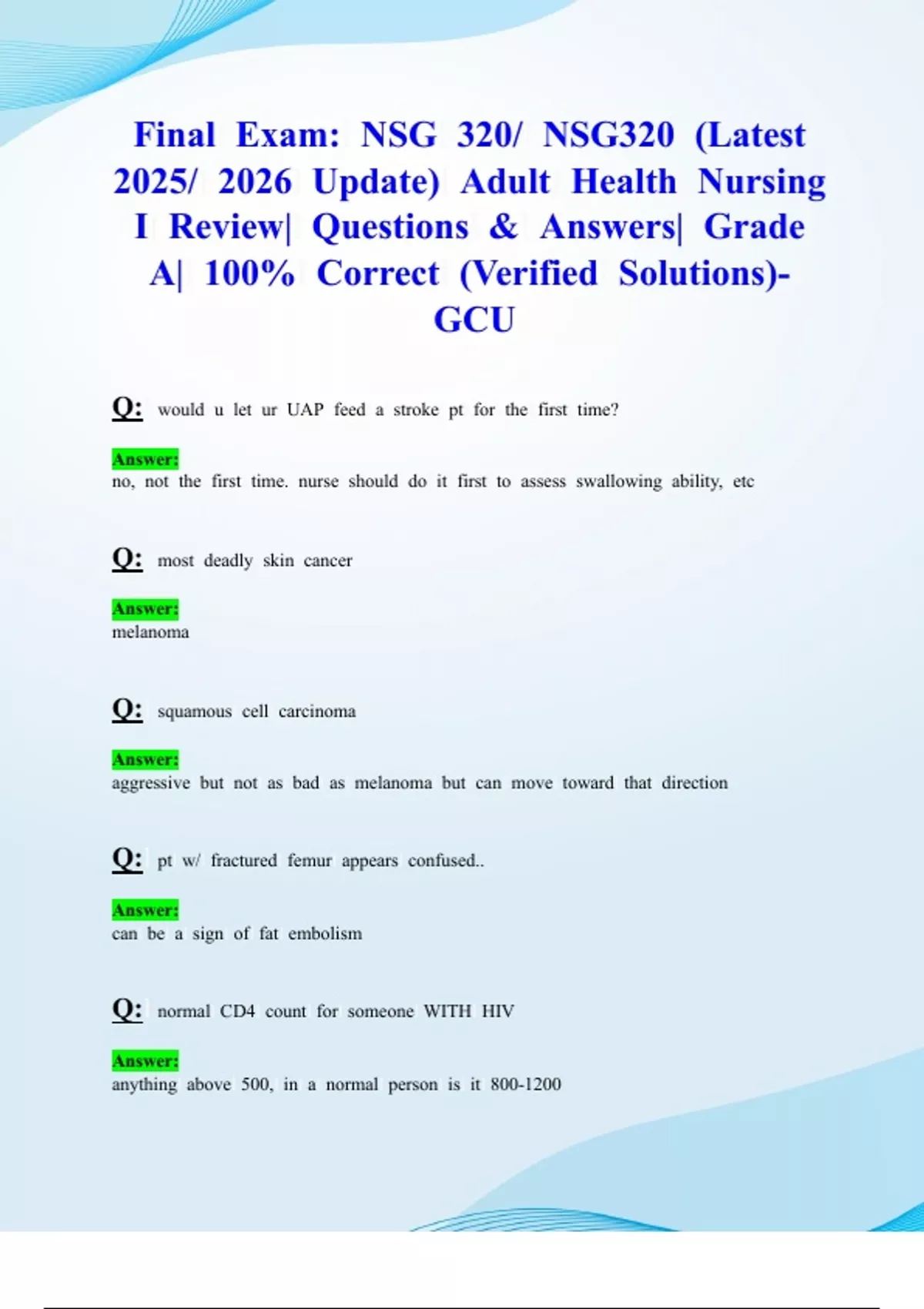 Final Exam: NSG 320/ NSG320 (Latest 2025/ 2026 Update) Adult Health ...