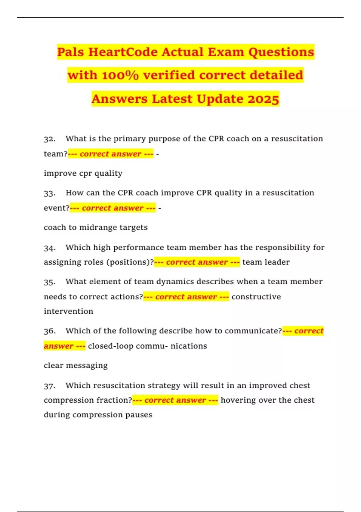 Pals HeartCode Actual Exam Questions with 100% verified correct ...