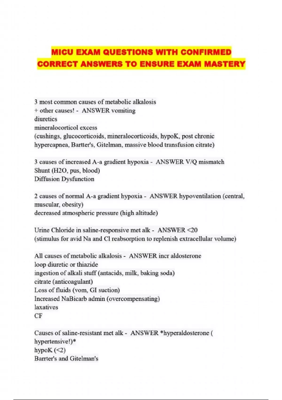 MICU EXAM QUESTIONS WITH CONFIRMED CORRECT ANSWERS TO ENSURE EXAM ...