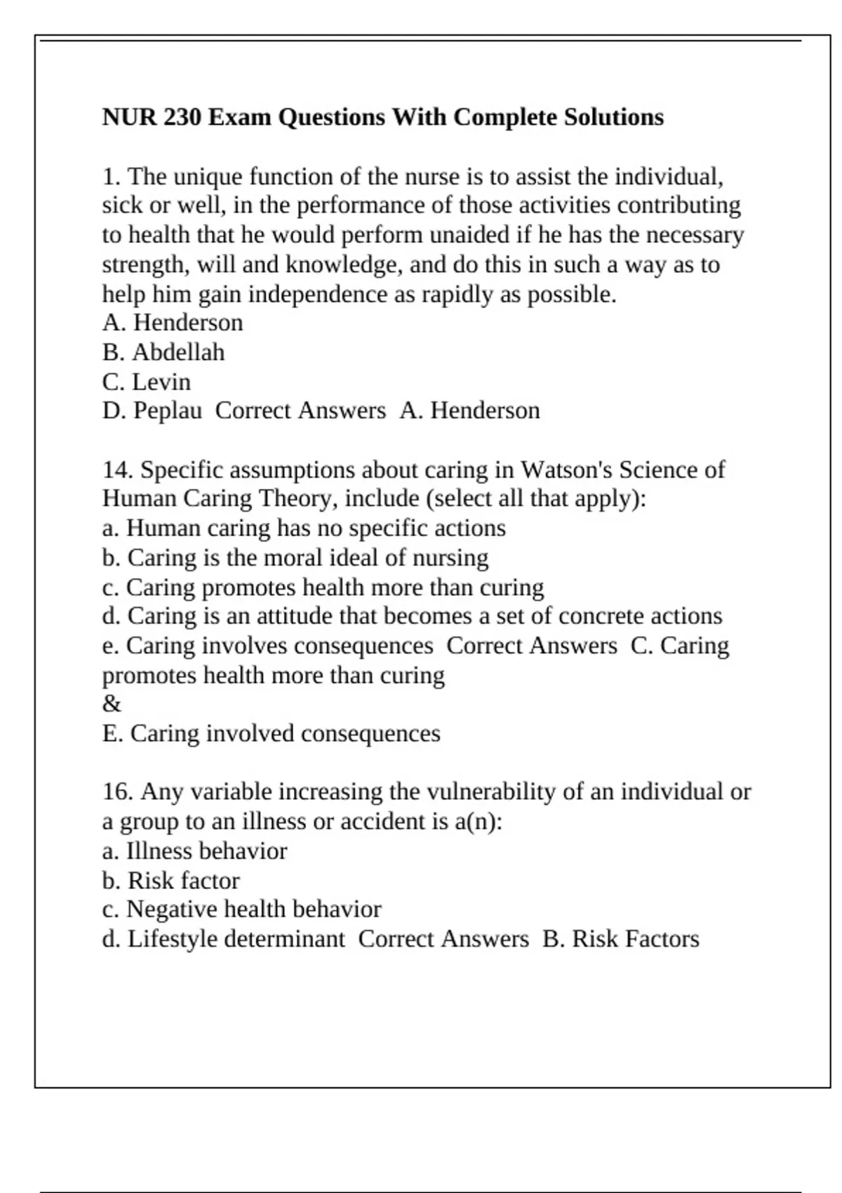 NUR 230 Exam Questions With Complete Solutions - NUR 230 - Stuvia US