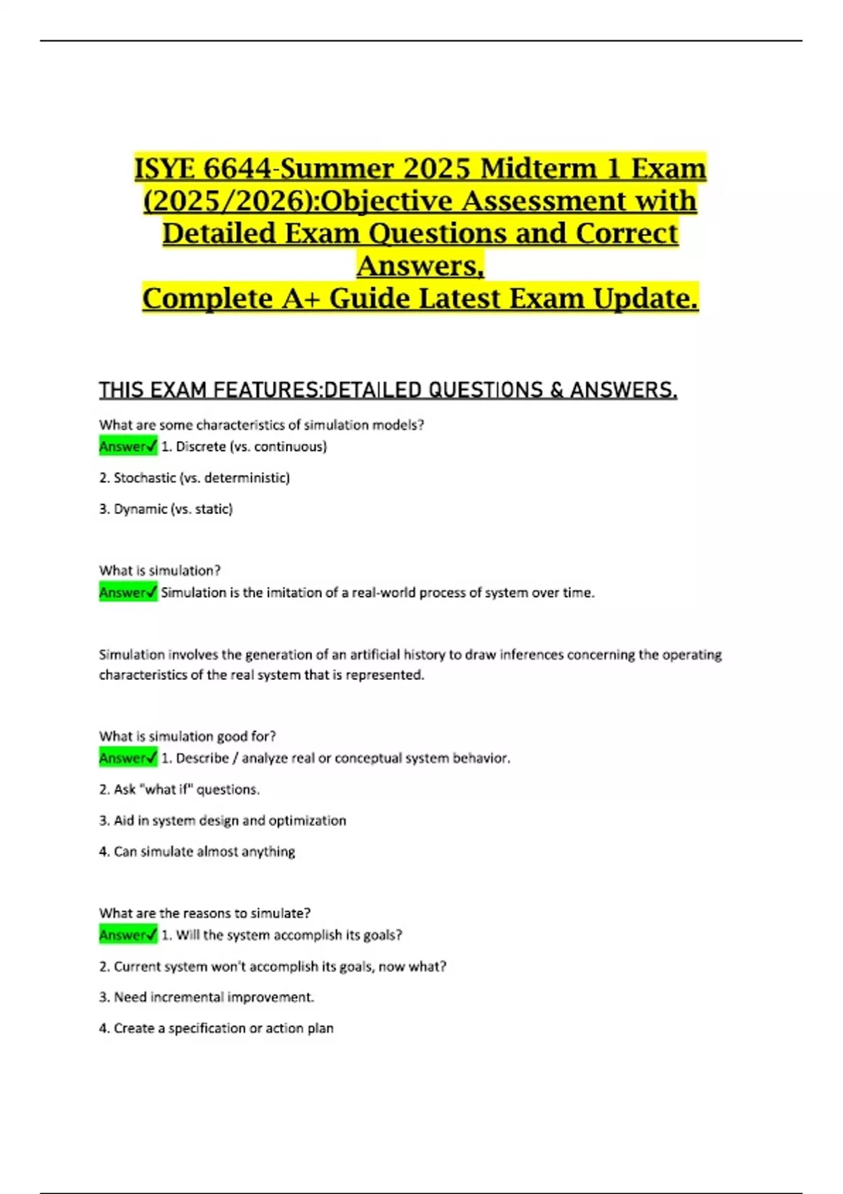 ISYE 6644-Summer 2025 Midterm 1 Exam (2025/2026):Objective Assessment ...