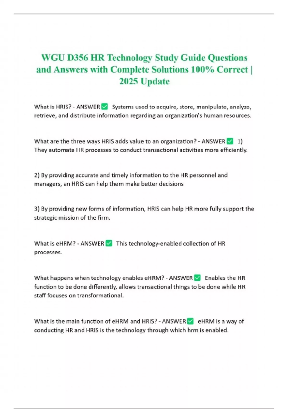 WGU D356 HR Technology Study Guide Questions and Answers with Complete ...