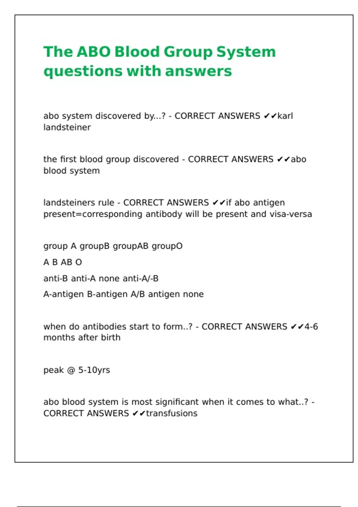 The ABO Blood Group System questions with answers - ABO Blood Group ...
