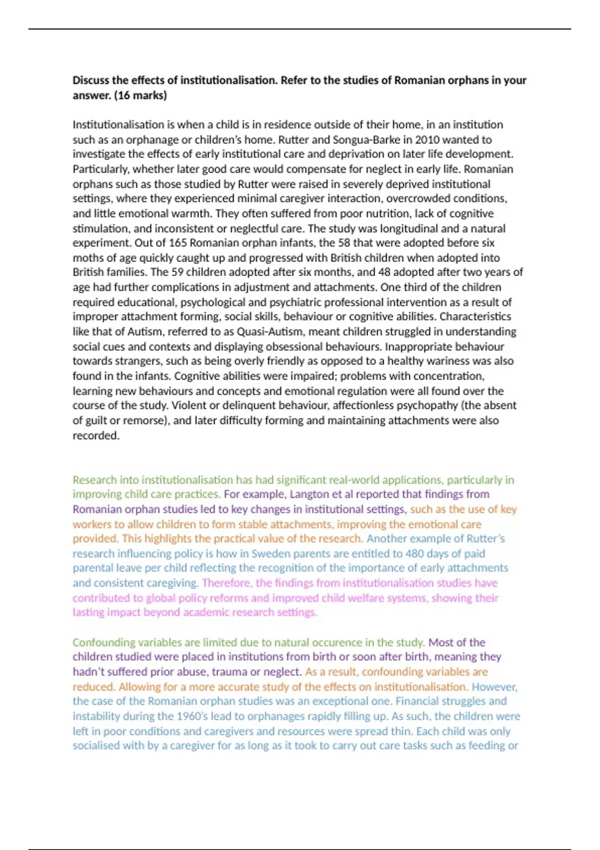 Example 16/16 A* Essay on the Effects of Institutionalisation (Rutter's ...