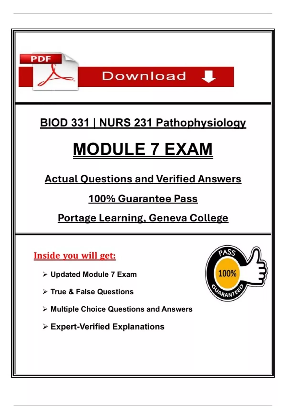 NURS 231/BIOD 331 Pathophysiology – Module 7 Exam – Portage Learning ...