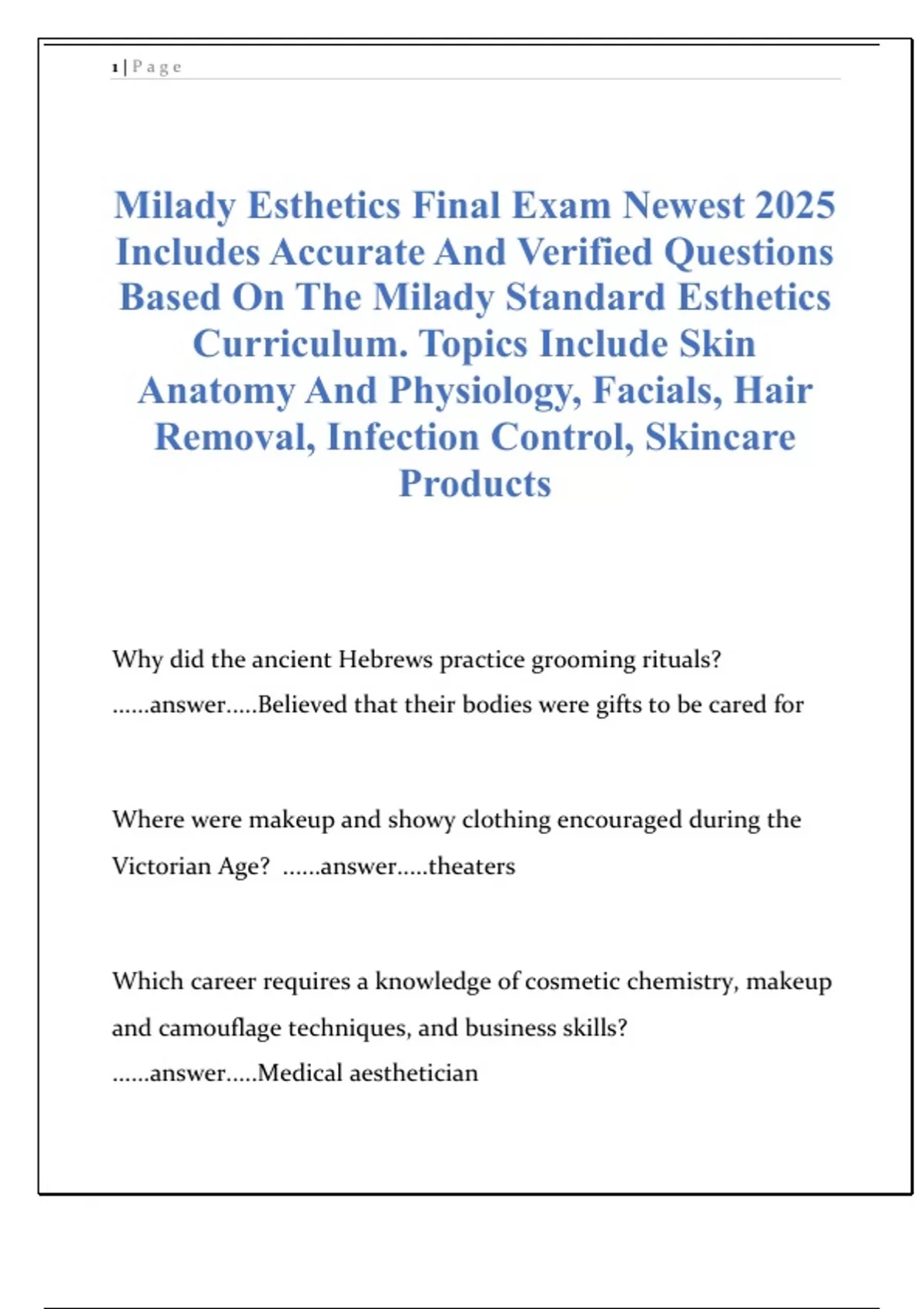 Milady Esthetics Final Exam Newest 2025 Includes Accurate And Verified ...