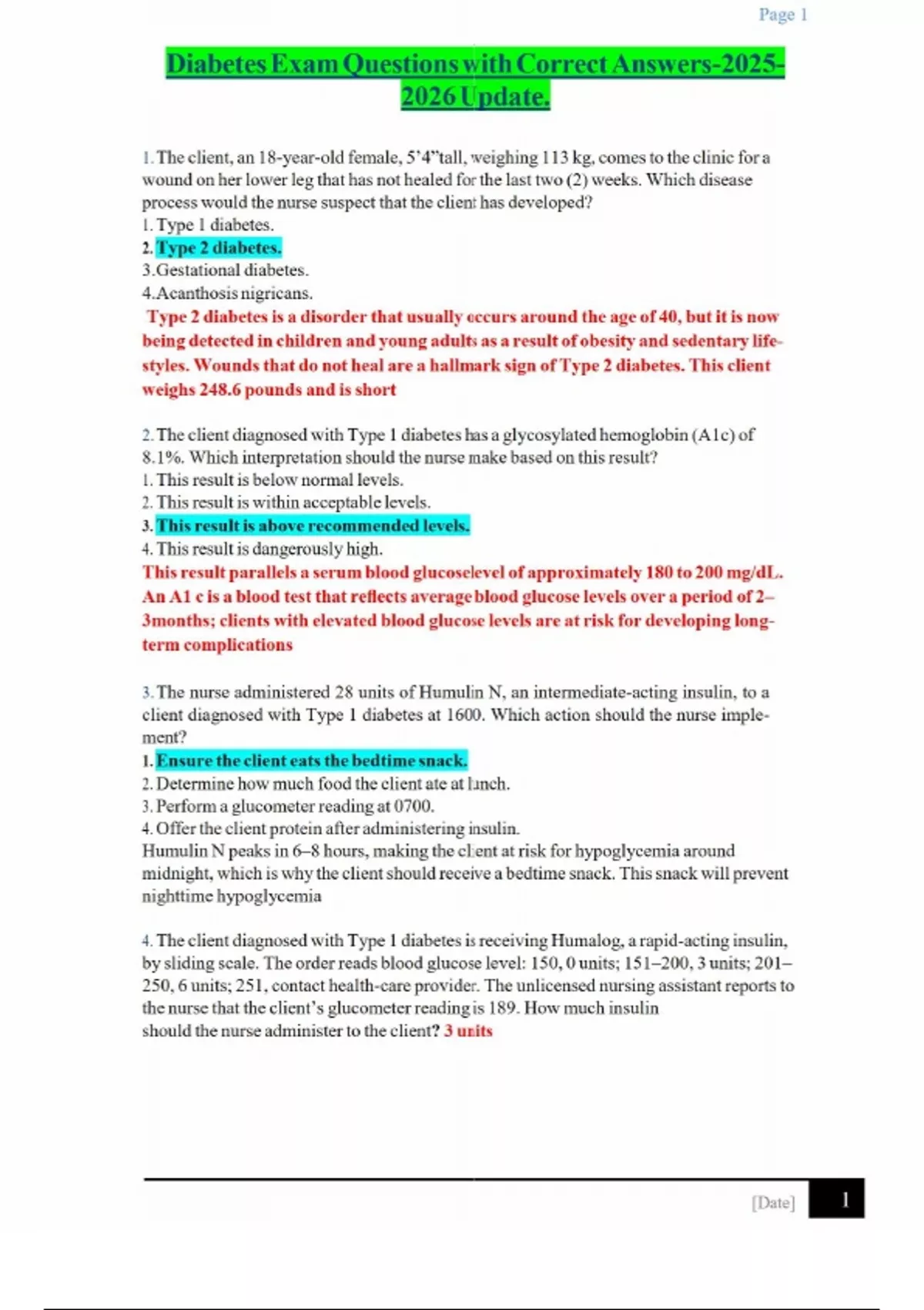 Diabetes Exam Questions with Correct Answers- Update. - Diabetes E ...