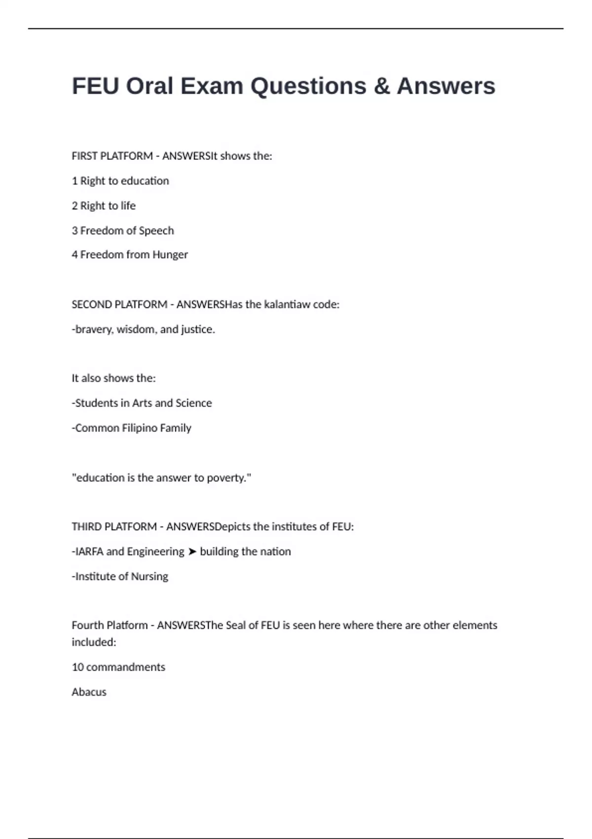 FEU Oral Exam Questions & Answers - FEU Oral - Stuvia US